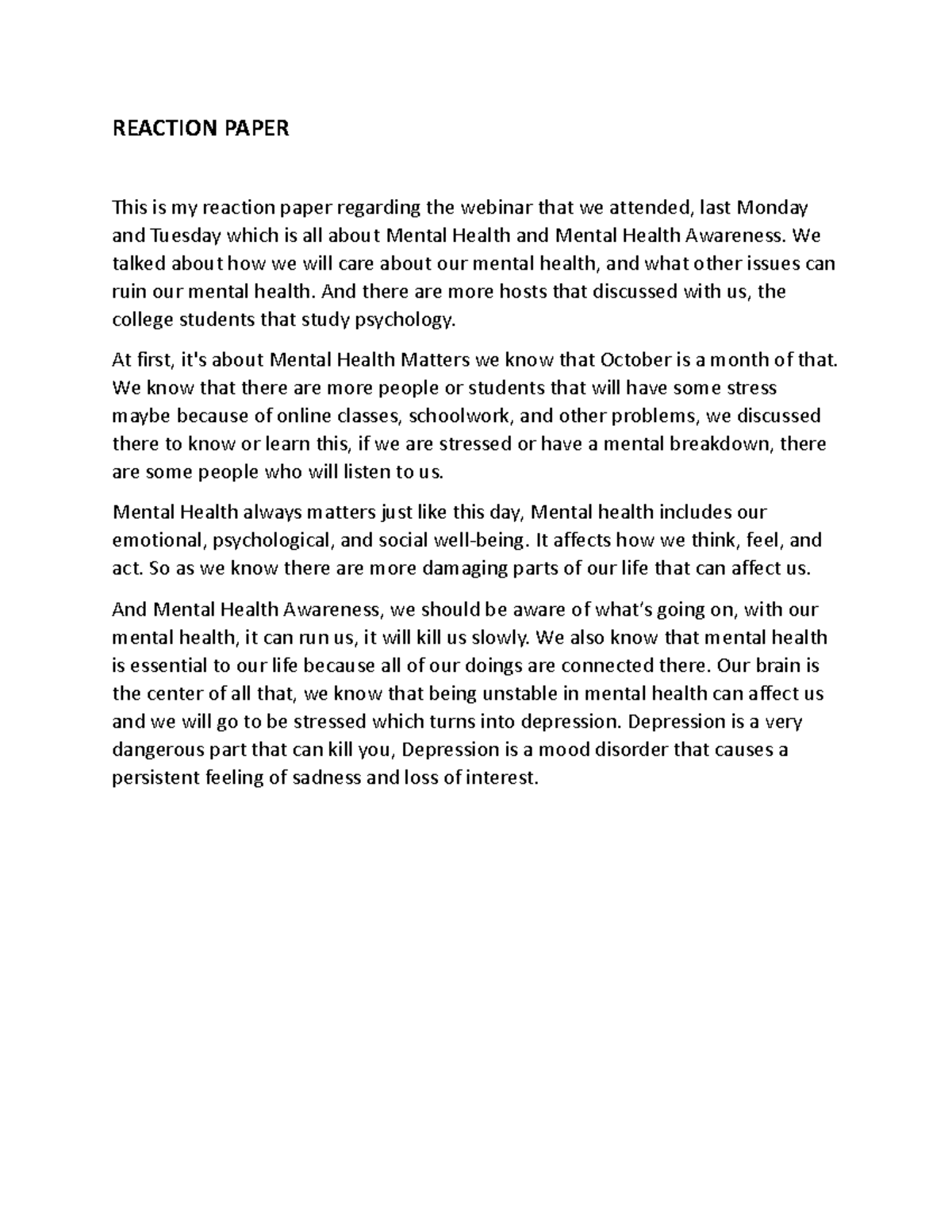 Random Eng Essays - REACTION PAPER This is my reaction paper regarding ...