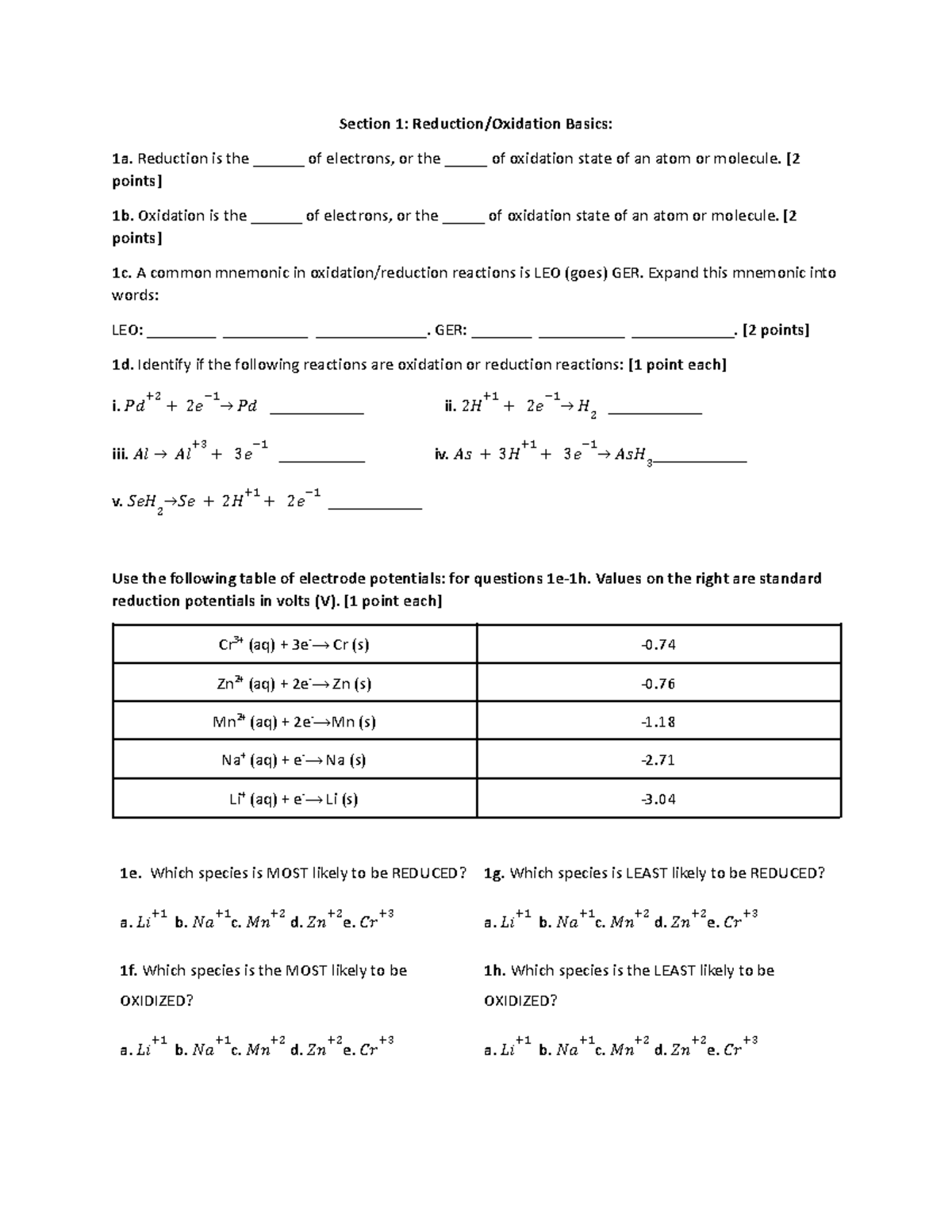Chemistry Lab C Exam - Section 1: Reduction/Oxidation Basics: 1a ...