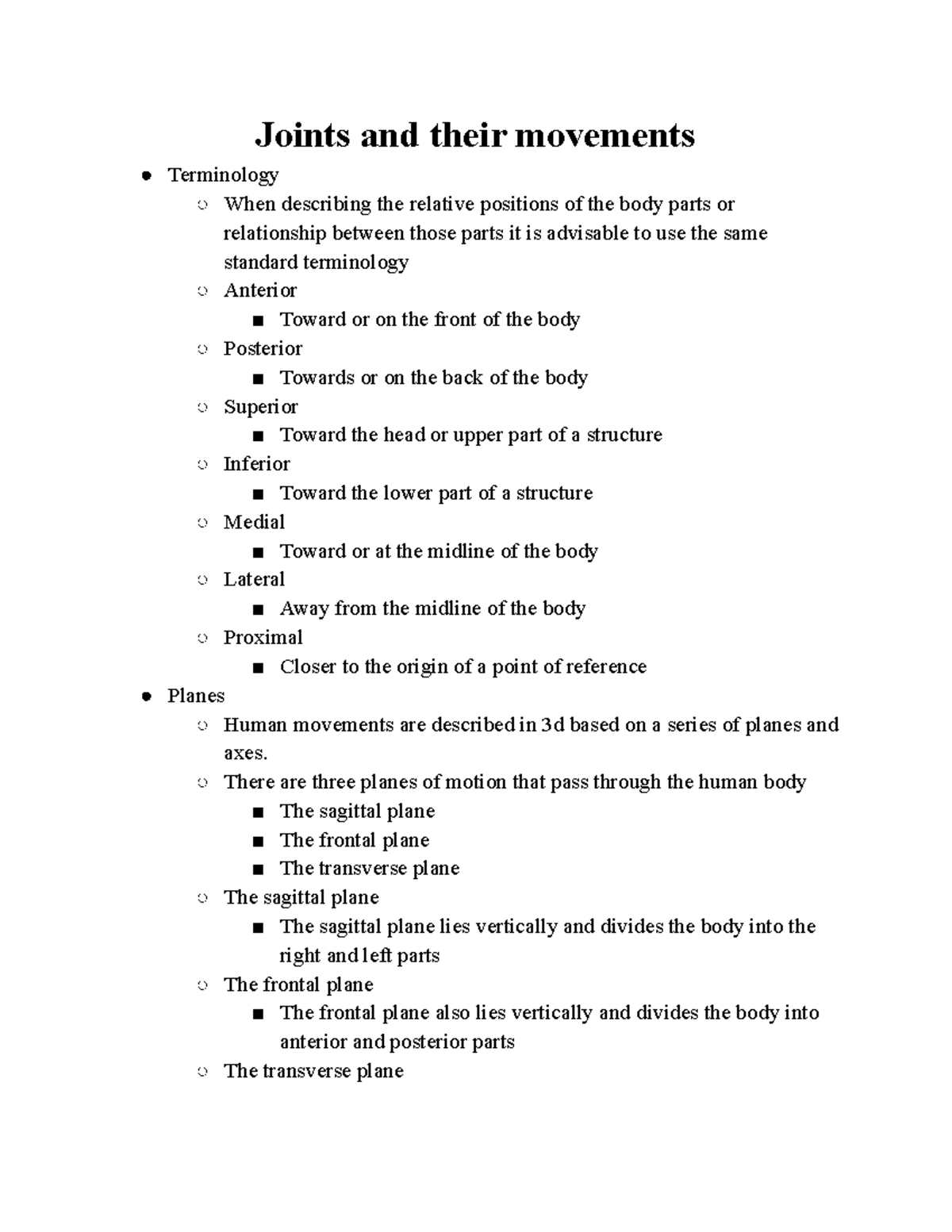 Untitled document 5 - Planes - Joints and their movements Terminology ...