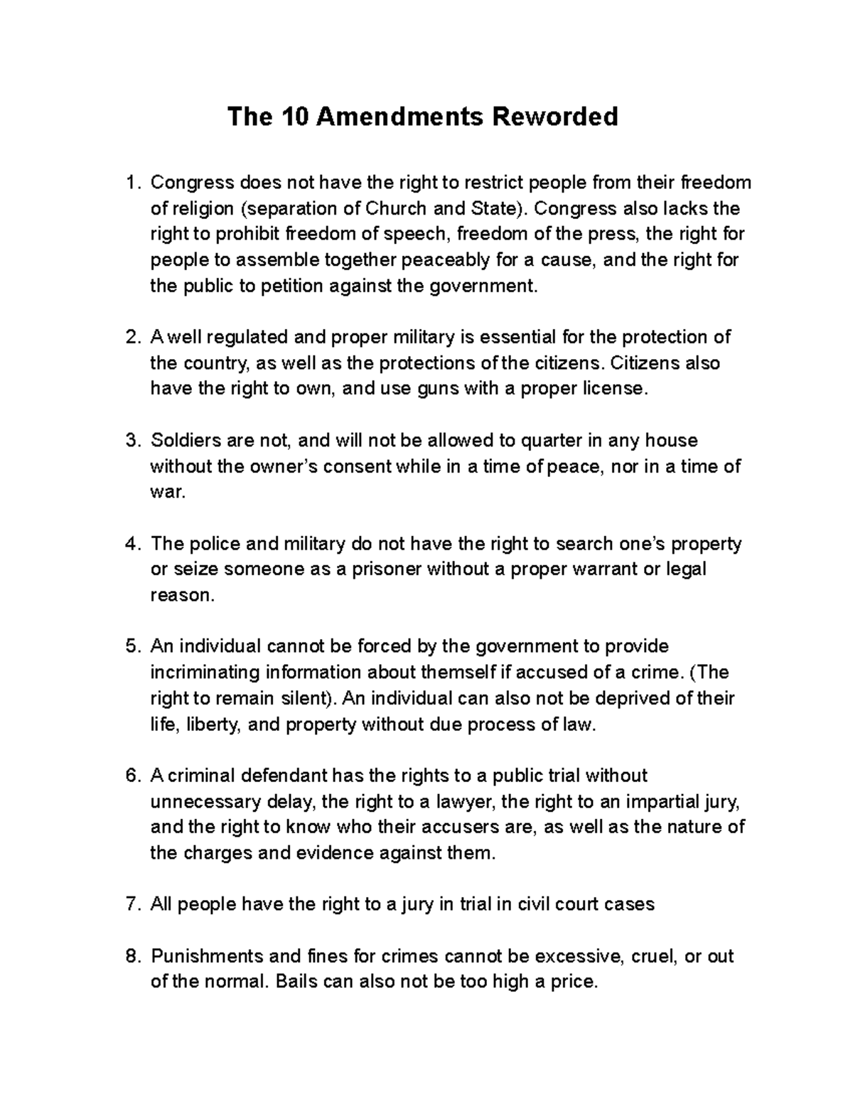 10 Amendments - history - The 10 Amendments Reworded Congress does not ...