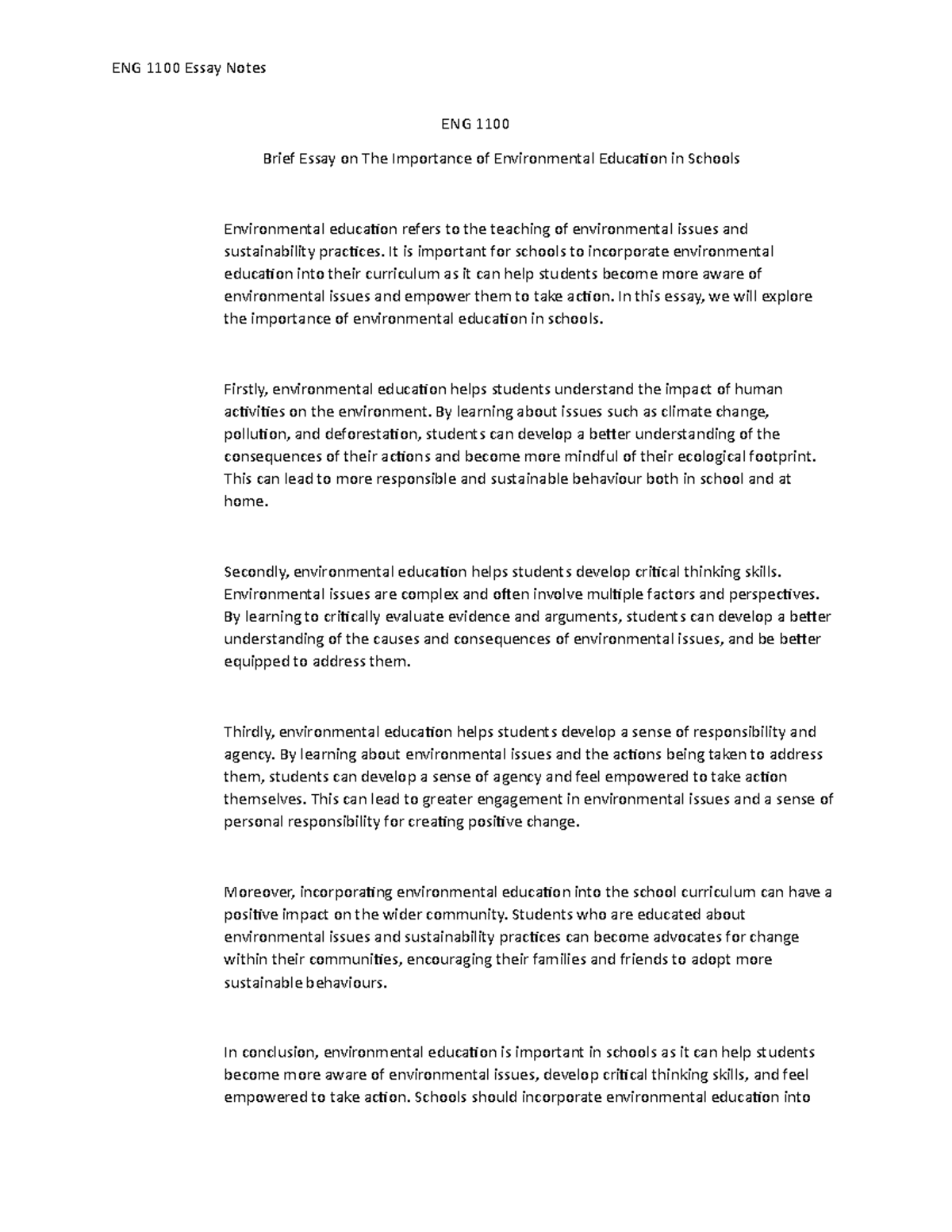 Brief Essay On The Importance Of Environmental Education In Schools