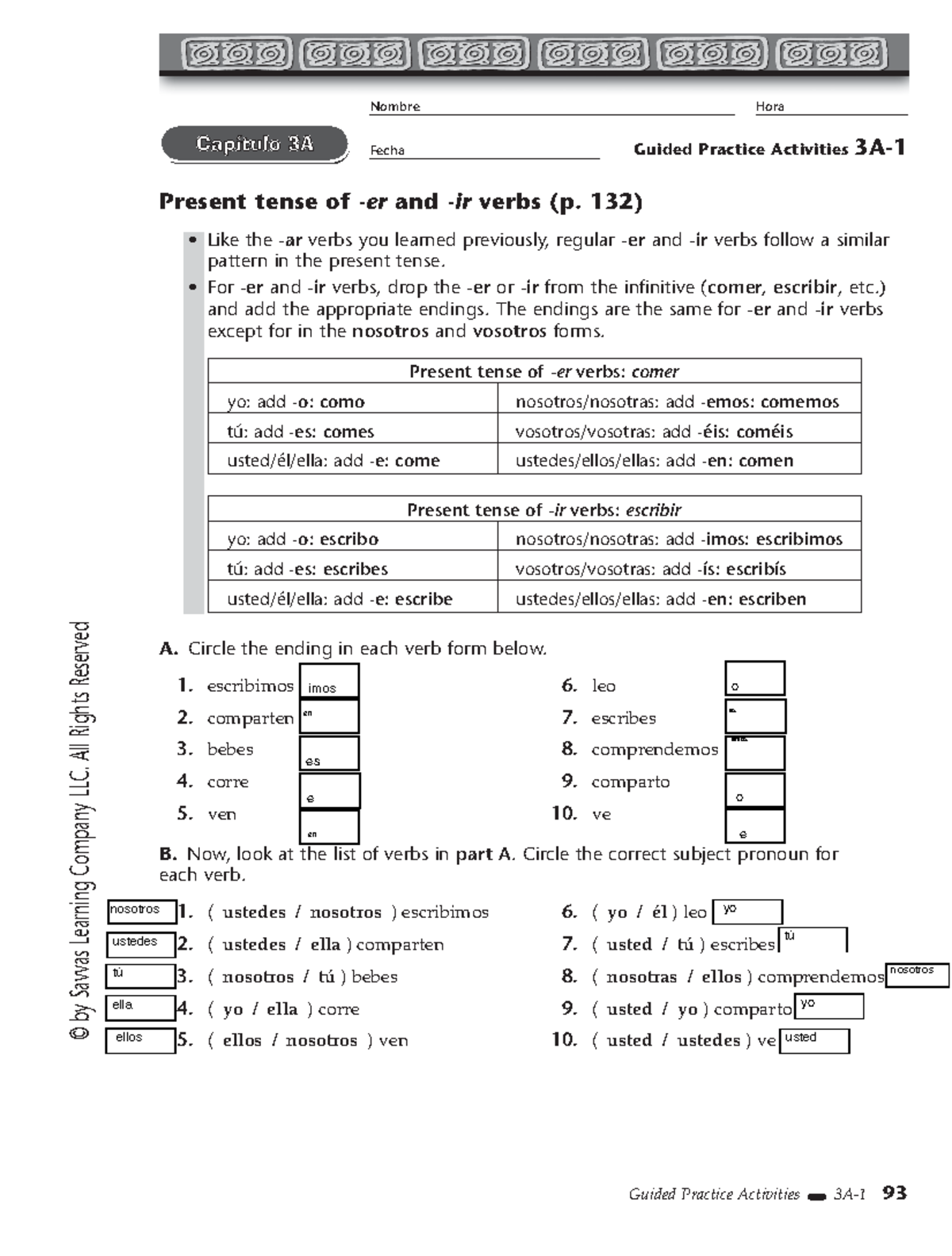Spanish 1 ER IR Verb Guided Grammar - Capítulo 3A © by Savvas Learning ...