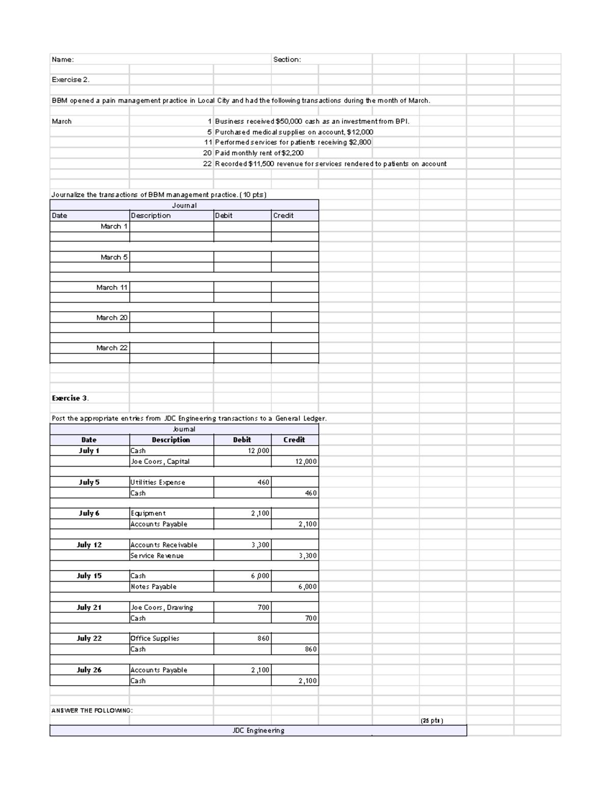 FAR-Act. 3 Exercises 2-4 - Name: Section: Exercise 2. BBM opened a pain ...