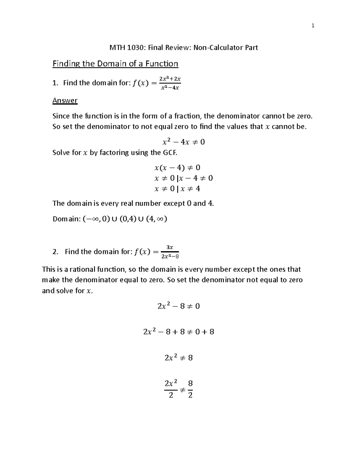 New Final Review - MTH 1030: Final Review: Non-Calculator Part Finding ...