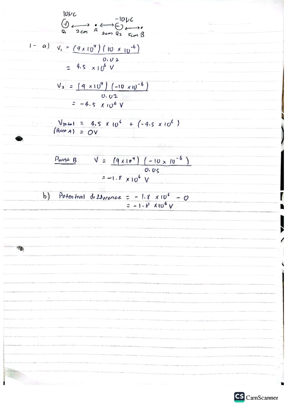 Tuto 2 (phy) - tutorial - loNe Q1 2cm A 2cm Q2 5cm B a) V, (9x (10 x 0 4 X 106 V V2 19 0 x106 V ...
