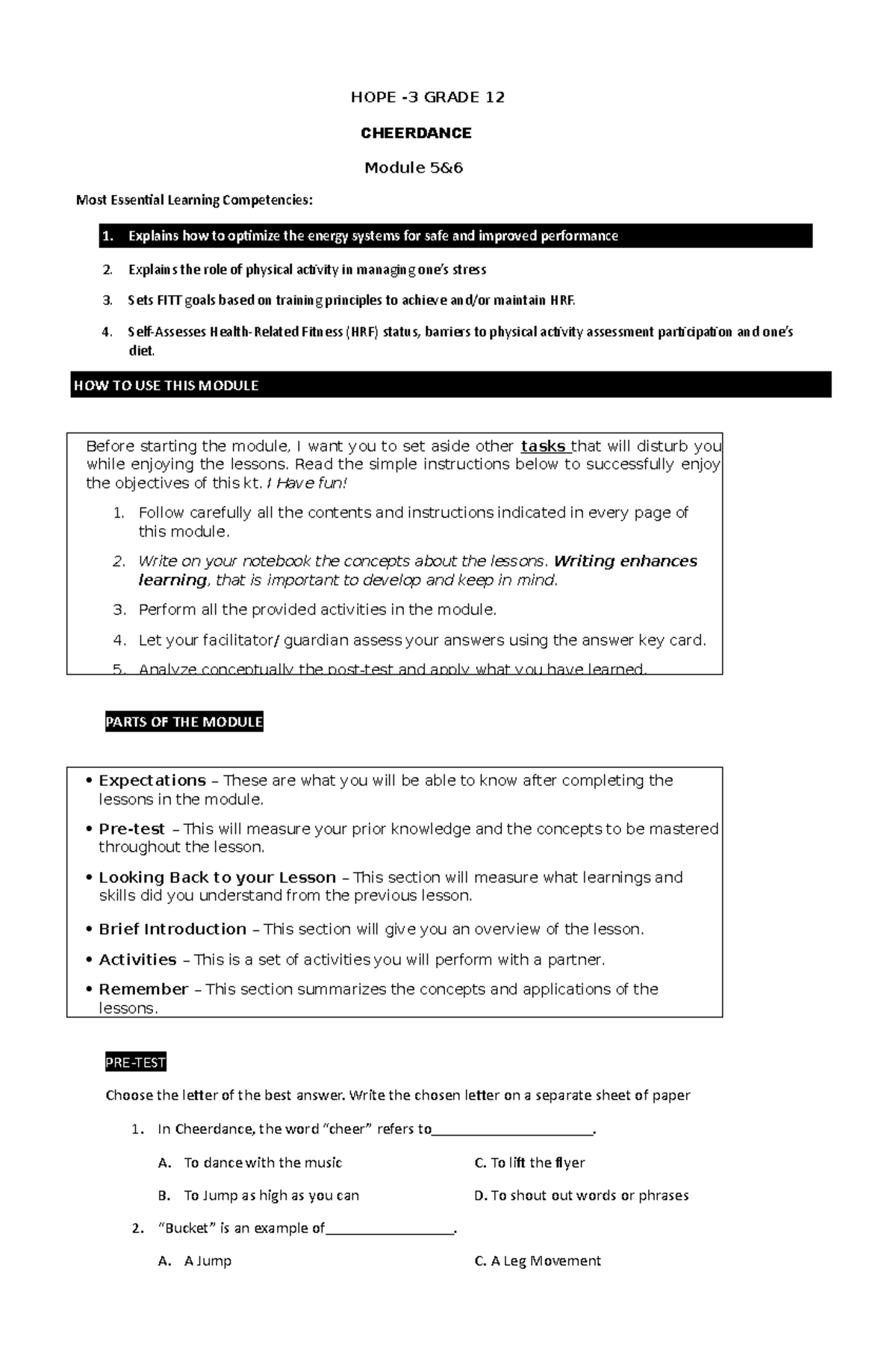 Module 5-8 HOPE 3 PE-AND- Health - HOPE -3 GRADE 12 CHEERDANCE Module 5 ...