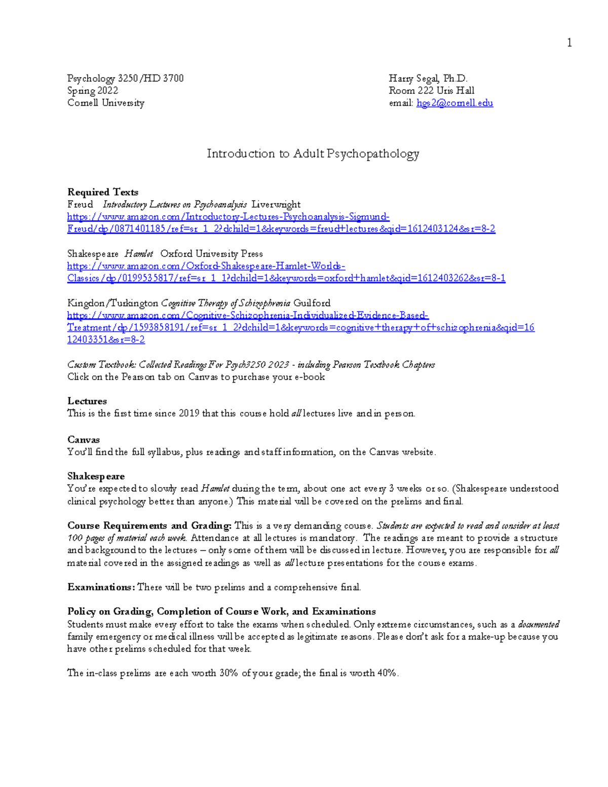 Syllabus 3250 2023 - Psychology 3250/HD 3700 Harry Segal, Ph. Spring ...