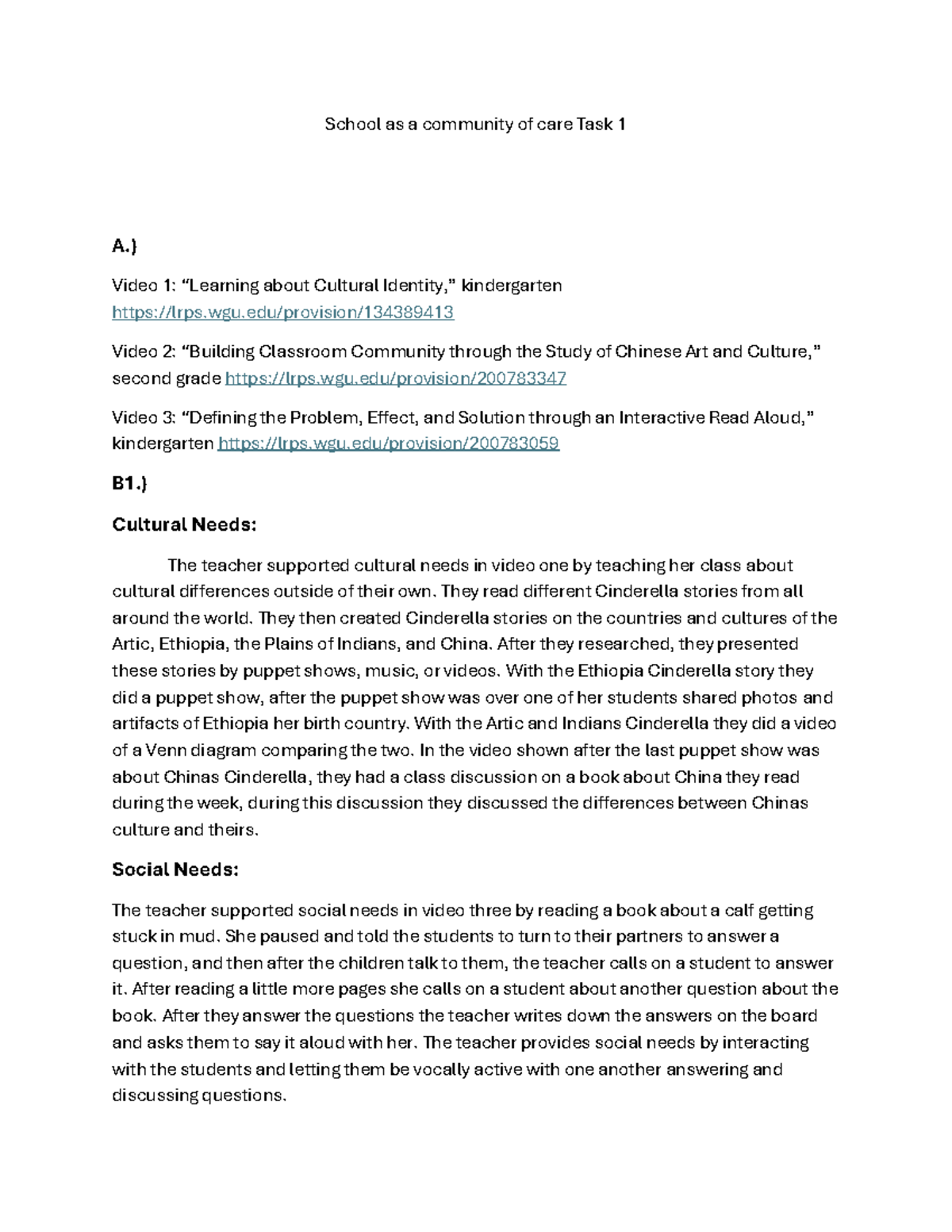 D090 Task 1 - School as a community of care Task 1 A.) Video 1 ...