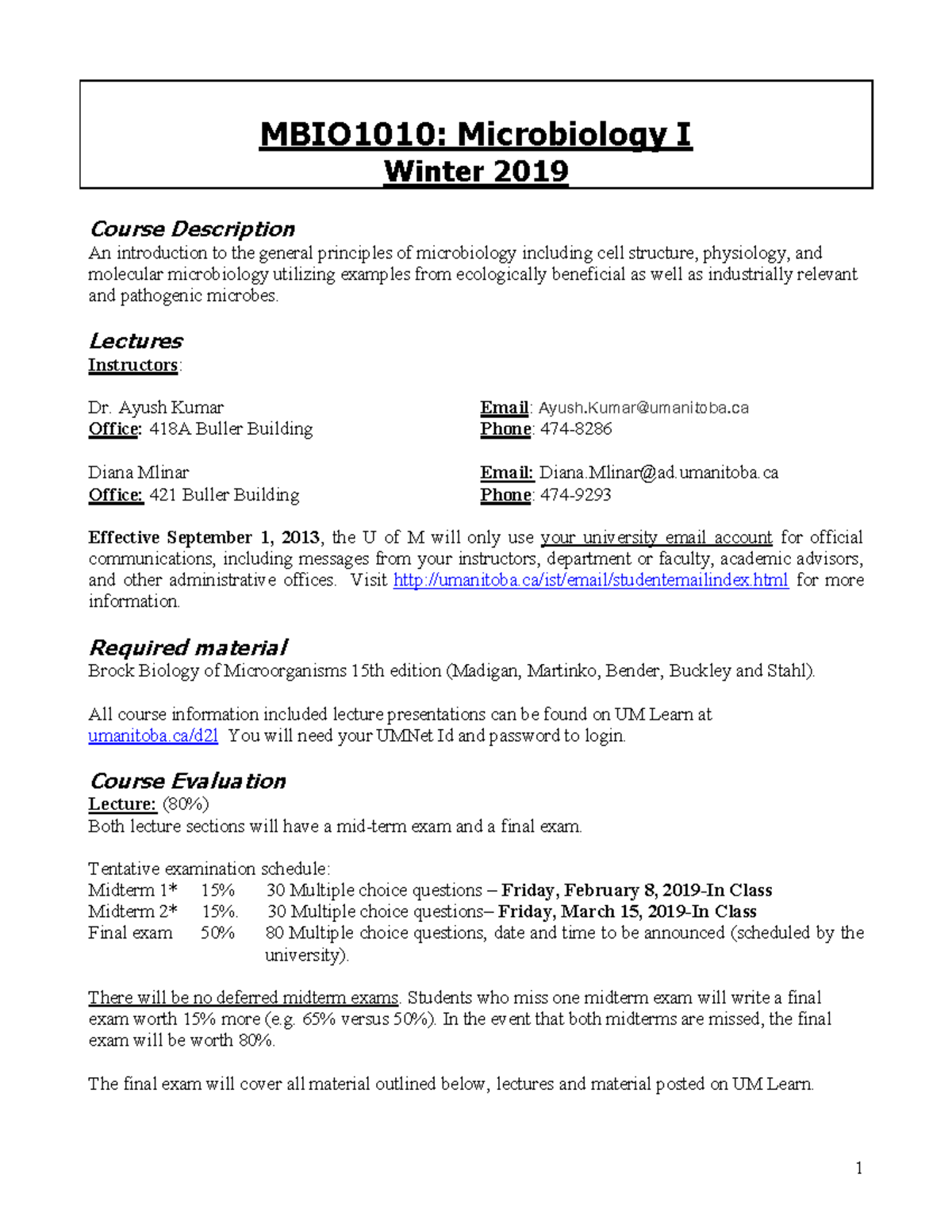 MBIO1010 Winter 2019 - Course outline 2019 - MBIO1010: Microbiology I ...