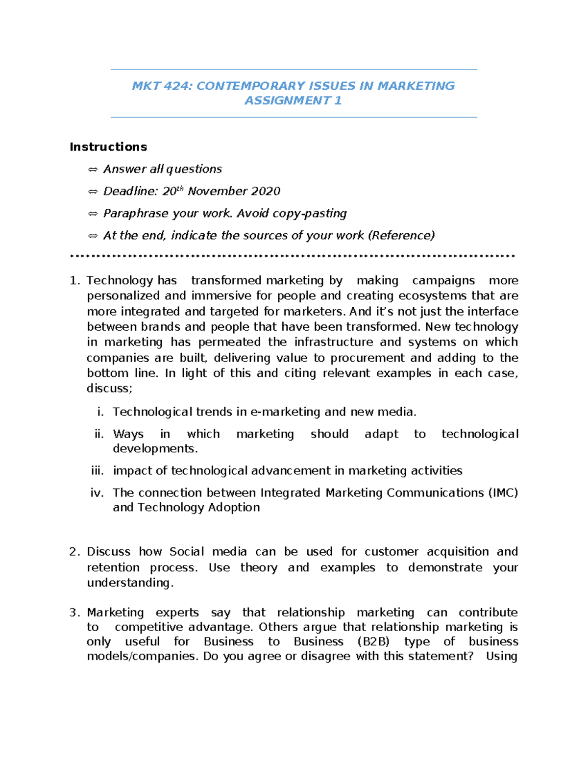 MKT 424 - Assignment - None - MKT 424: CONTEMPORARY ISSUES IN MARKETING ASSIGNMENT 1 ...