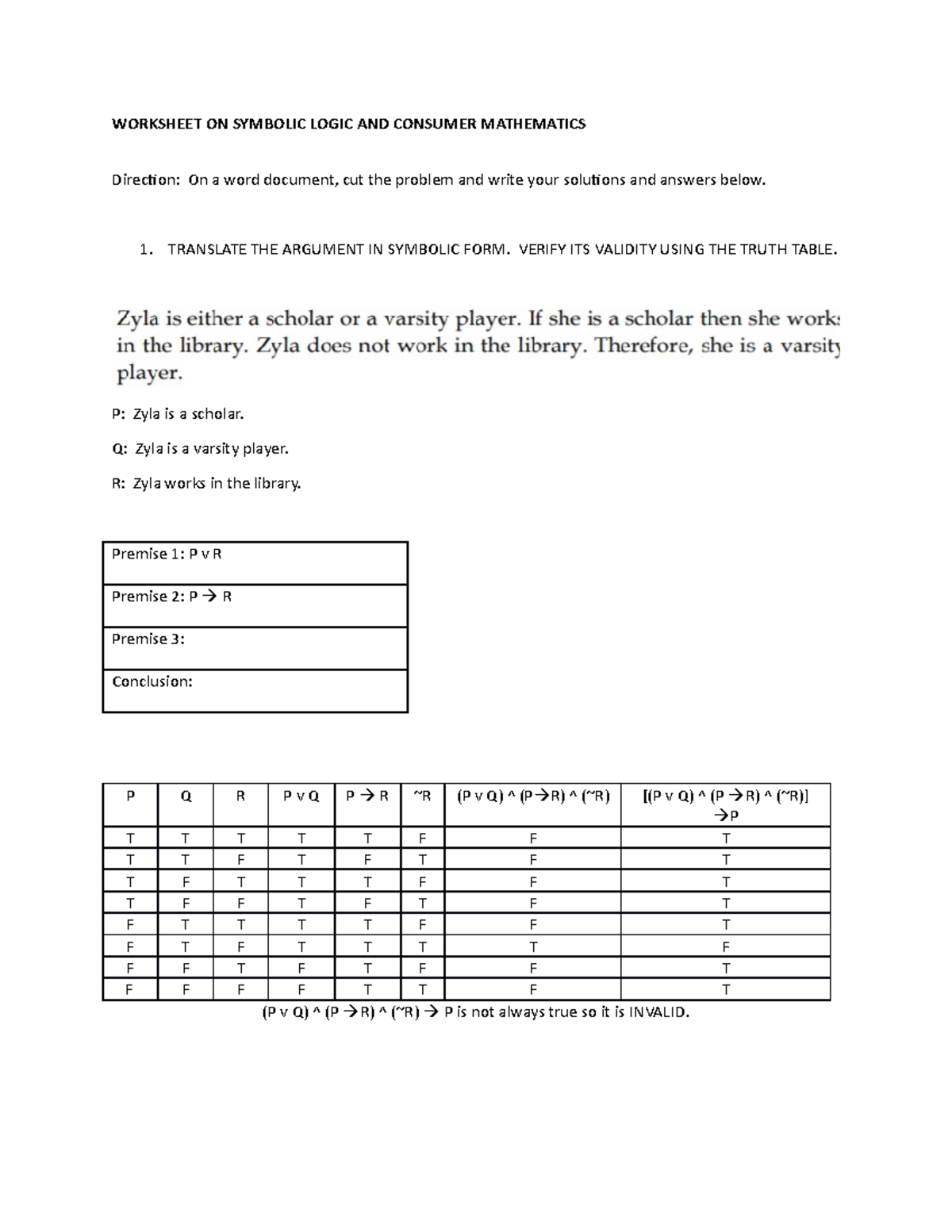 Worksheet on Symbolic Logic and Consumer Mathematics - WORKSHEET ON ...