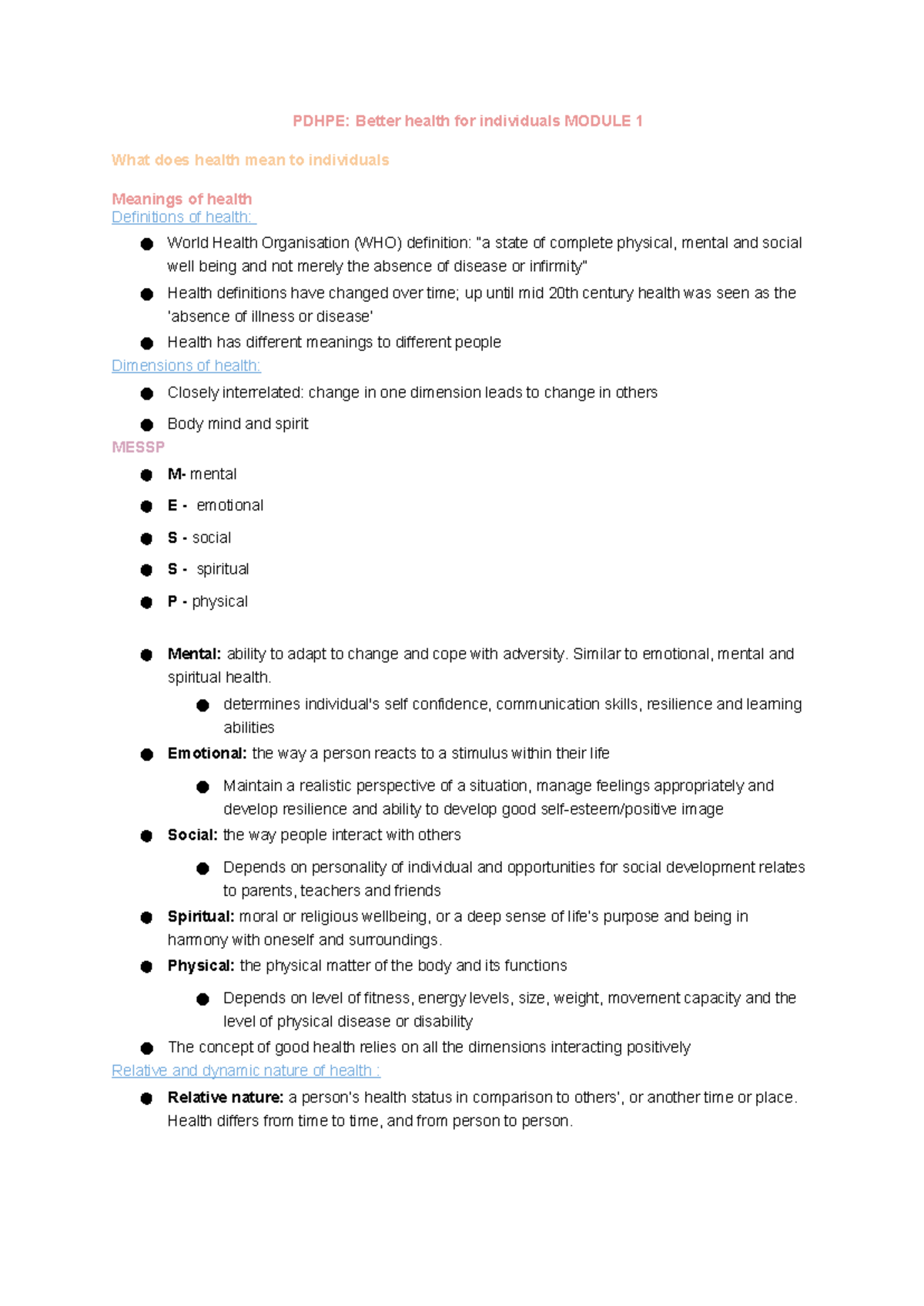 Pdhpe Prelim Notes - PDHPE: Better health for individuals MODULE 1 What ...