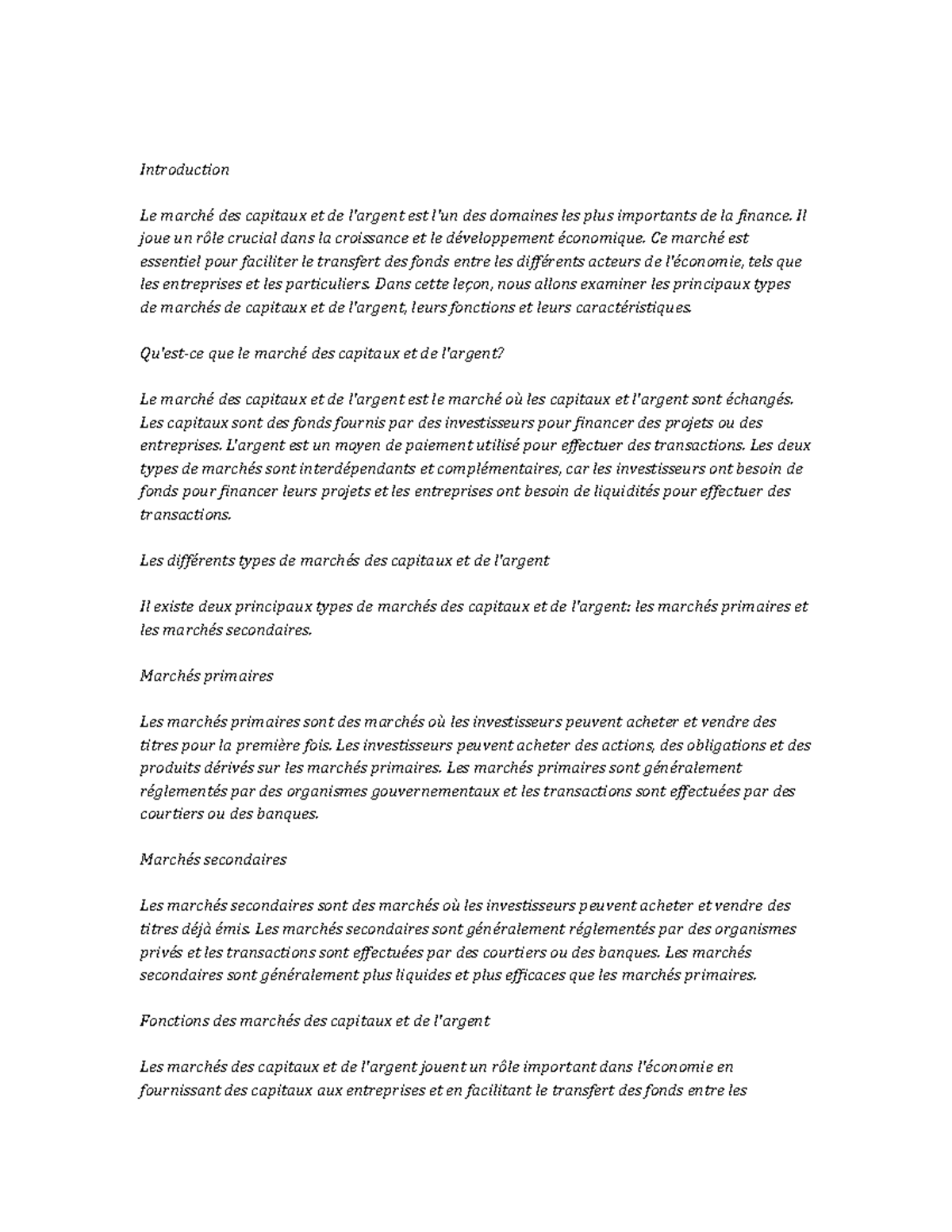 Money and Capital Markets note study - Introduction Le marché des ...