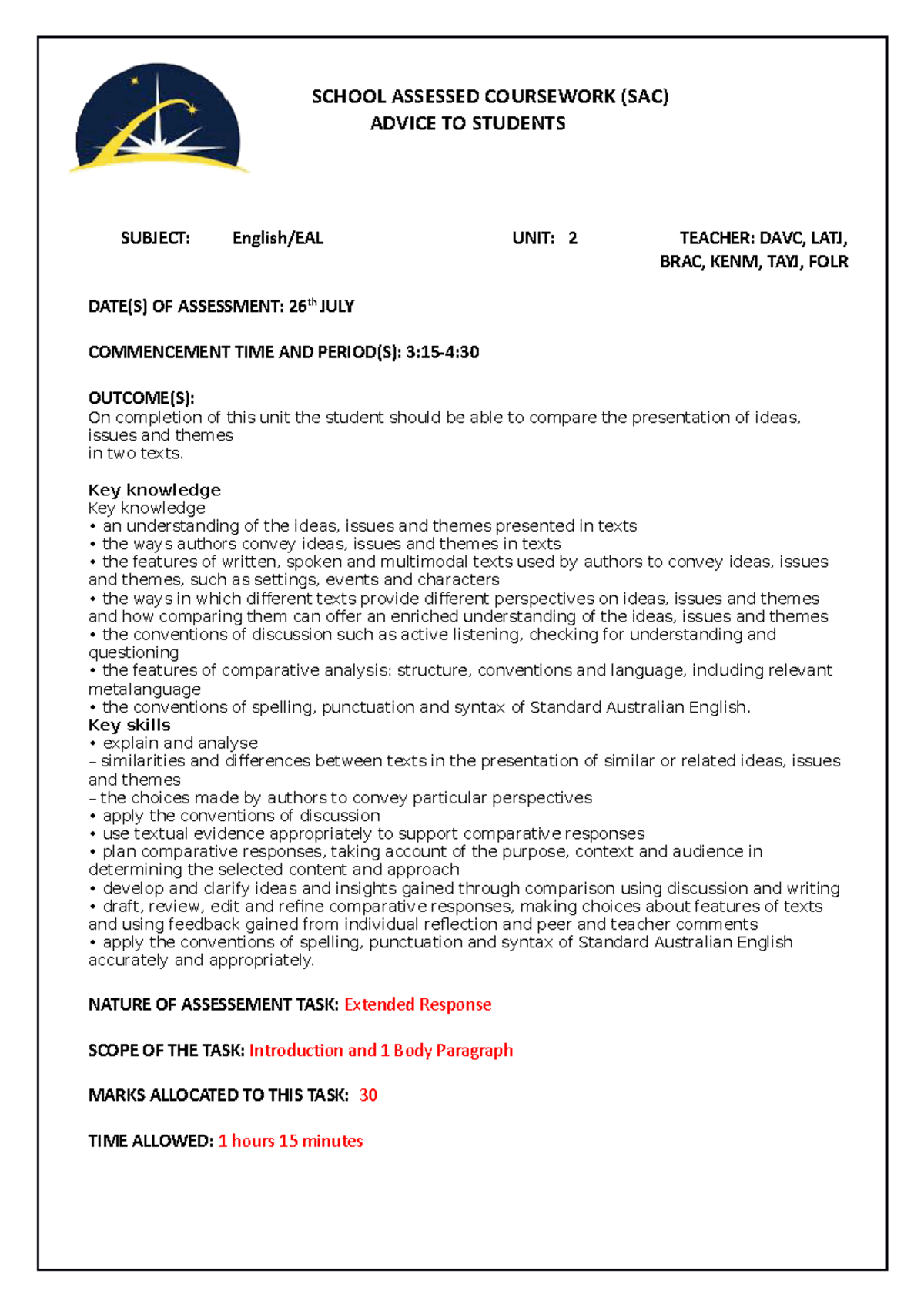 11ENG - SAC Advice to Students - Comparative ( Hftwp) - SCHOOL ASSESSED ...