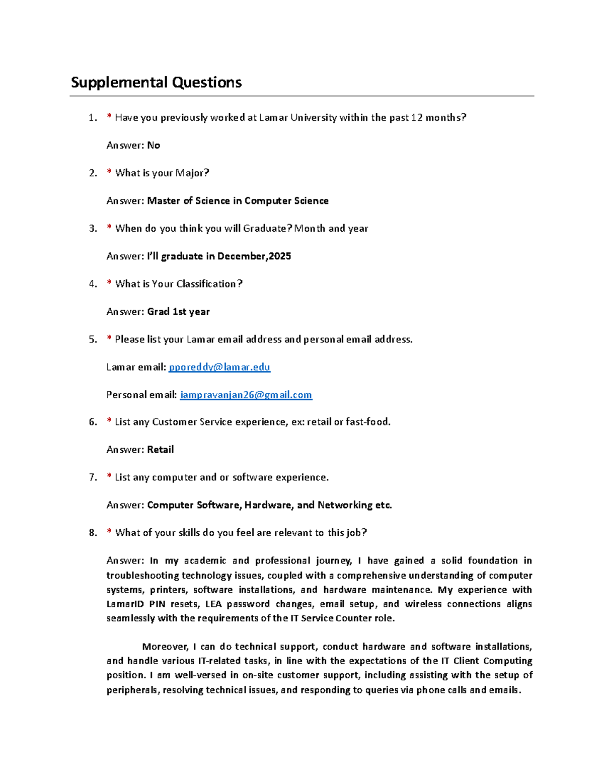 Job role related q&a - notes - Supplemental Questions Have you ...