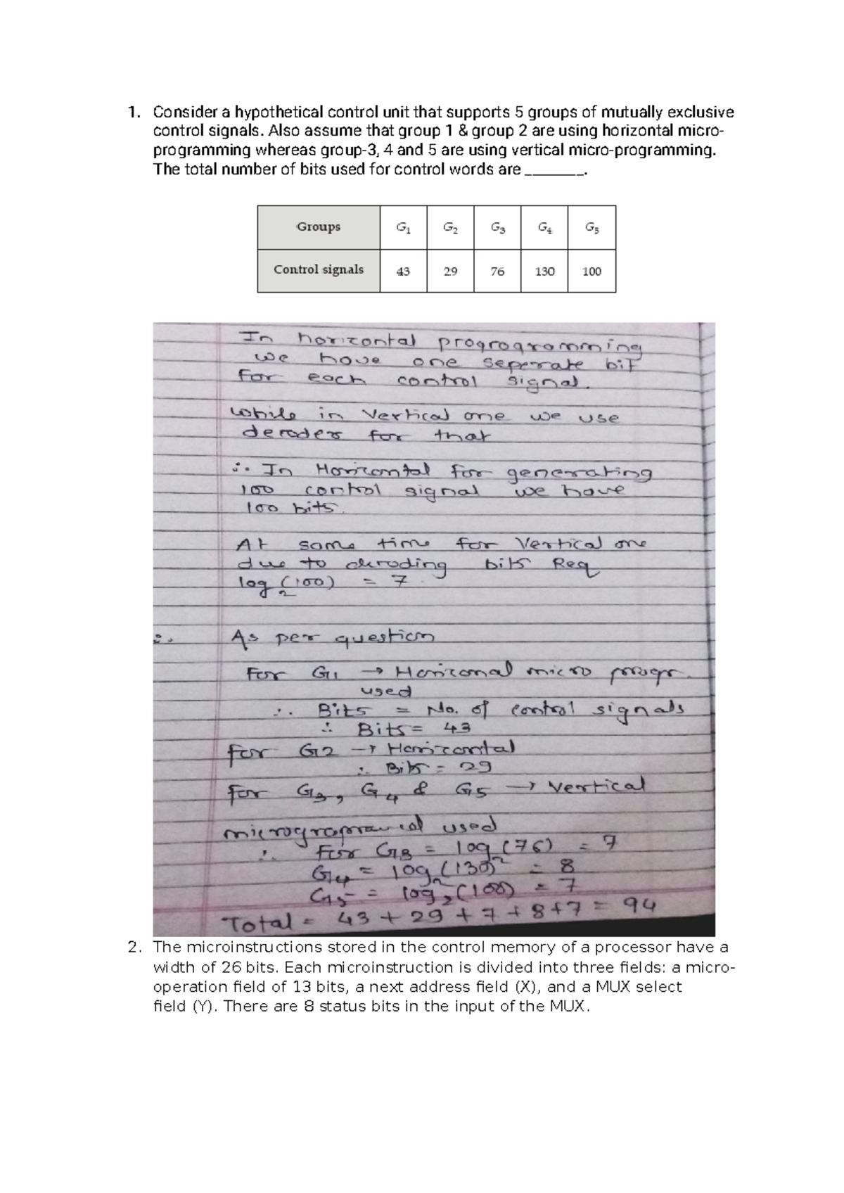 Microprogrammed control unit problems - 1. Consider a hypothetical ...