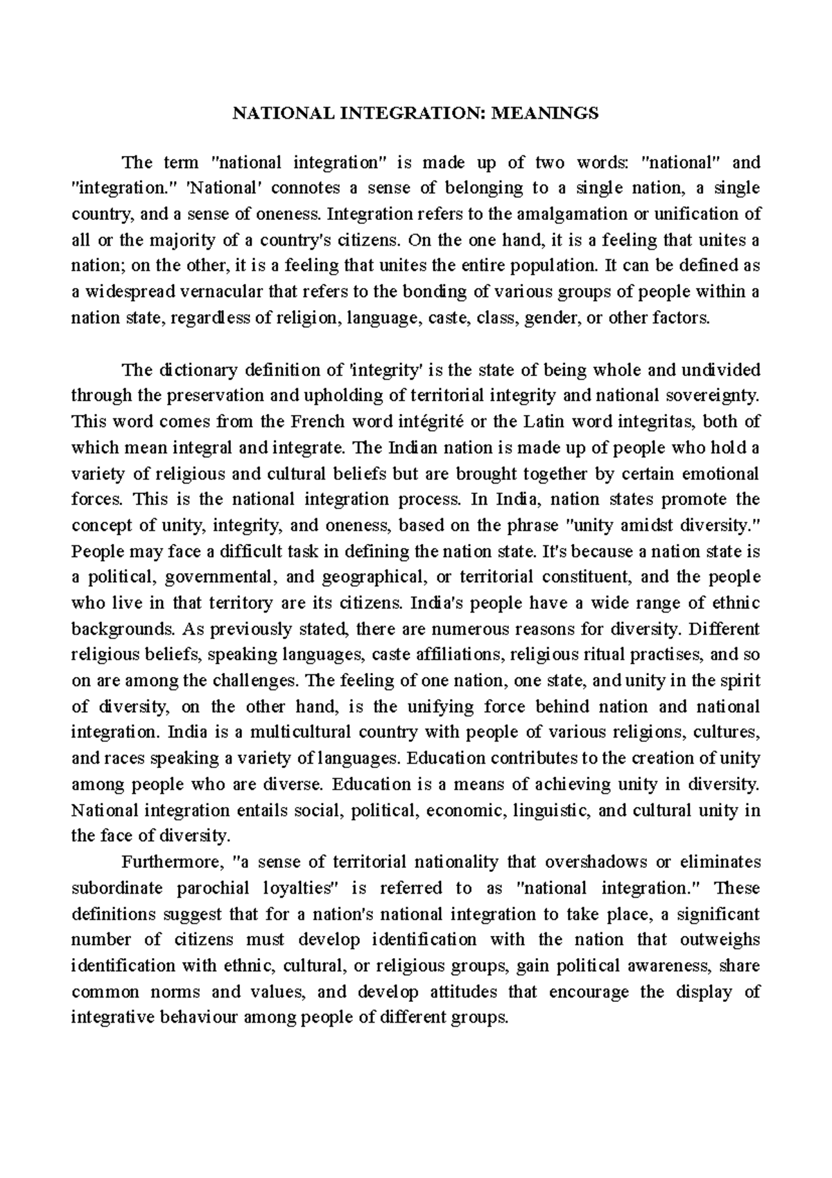 National Integration Meanings - NATIONAL INTEGRATION: MEANINGS The term ...