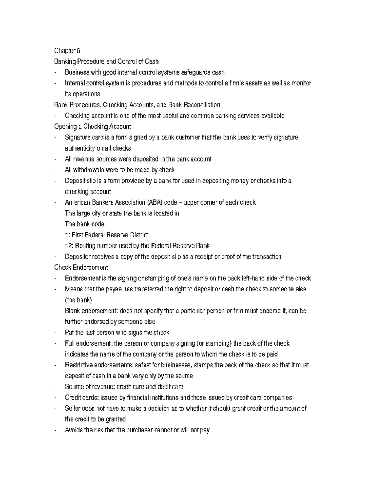 Chapter 6 Notes - Chapter 6 Banking Procedure and Control of Cash ...
