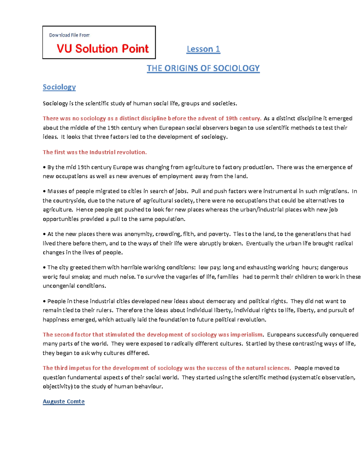 SOC101 Short Notes For Midterm(vusolutionpoint - Lesson 1 THE ORIGINS ...