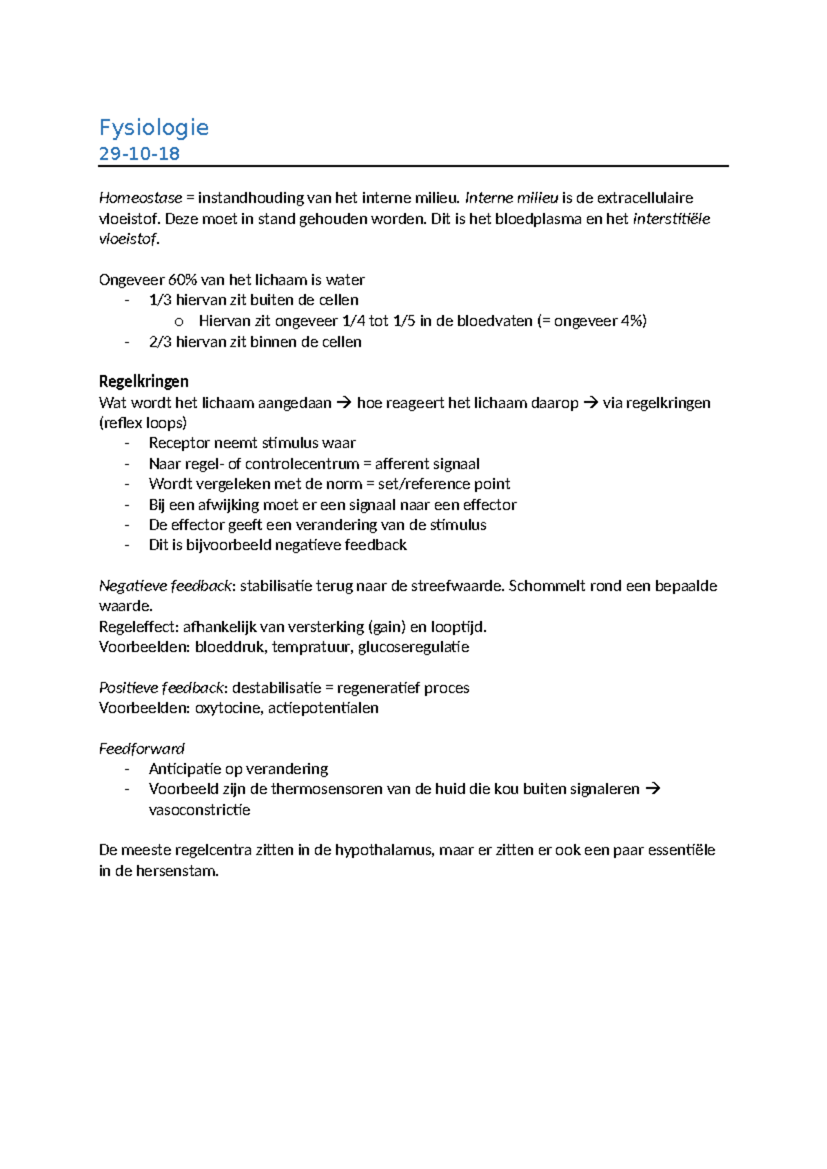 Fysiologie en Anatomie week 8 - Fysiologie 29-10- Homeostase ...