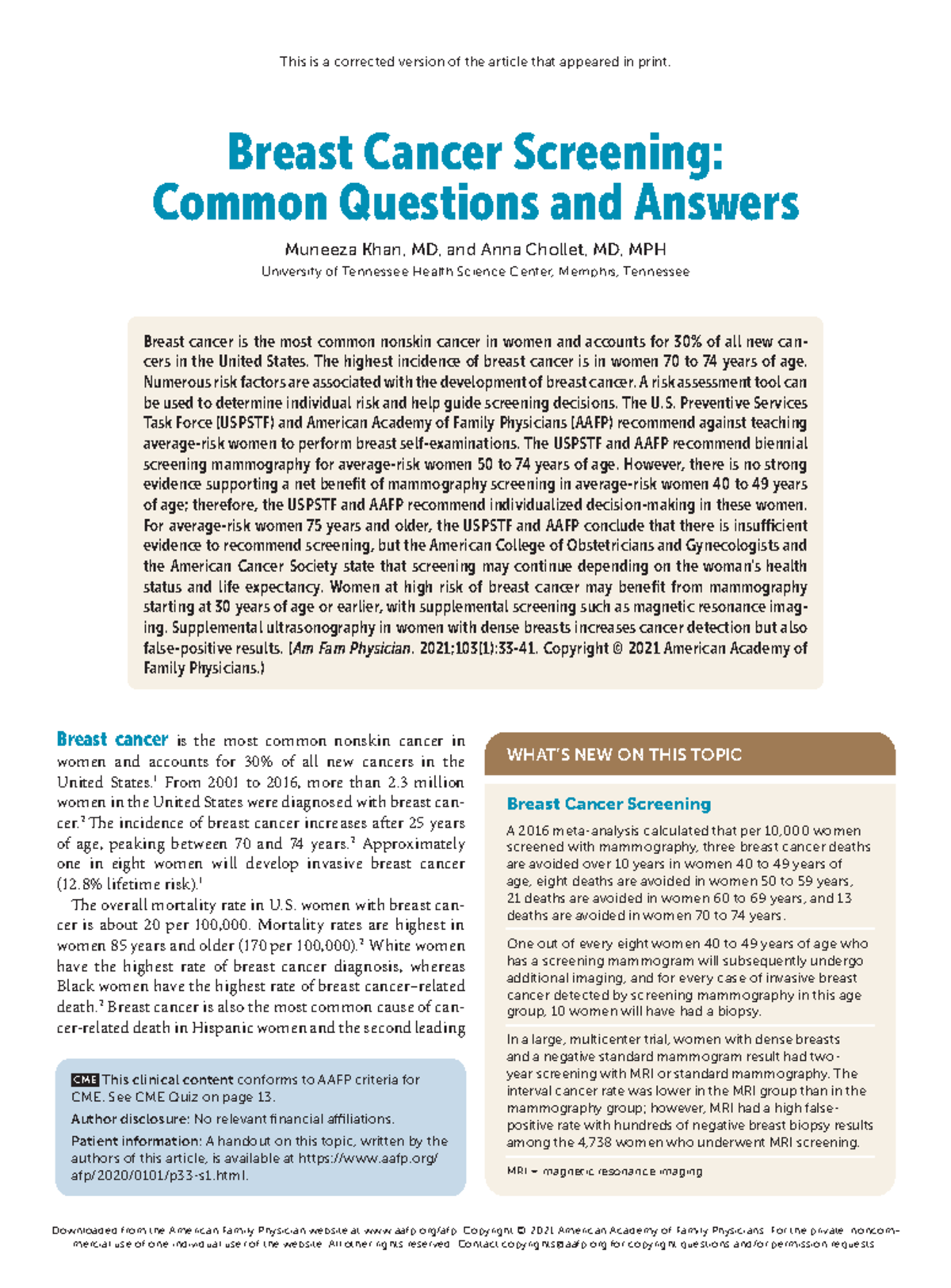 Breast Cancer Screening Common Questions and Answers - January 1, 2021 ...