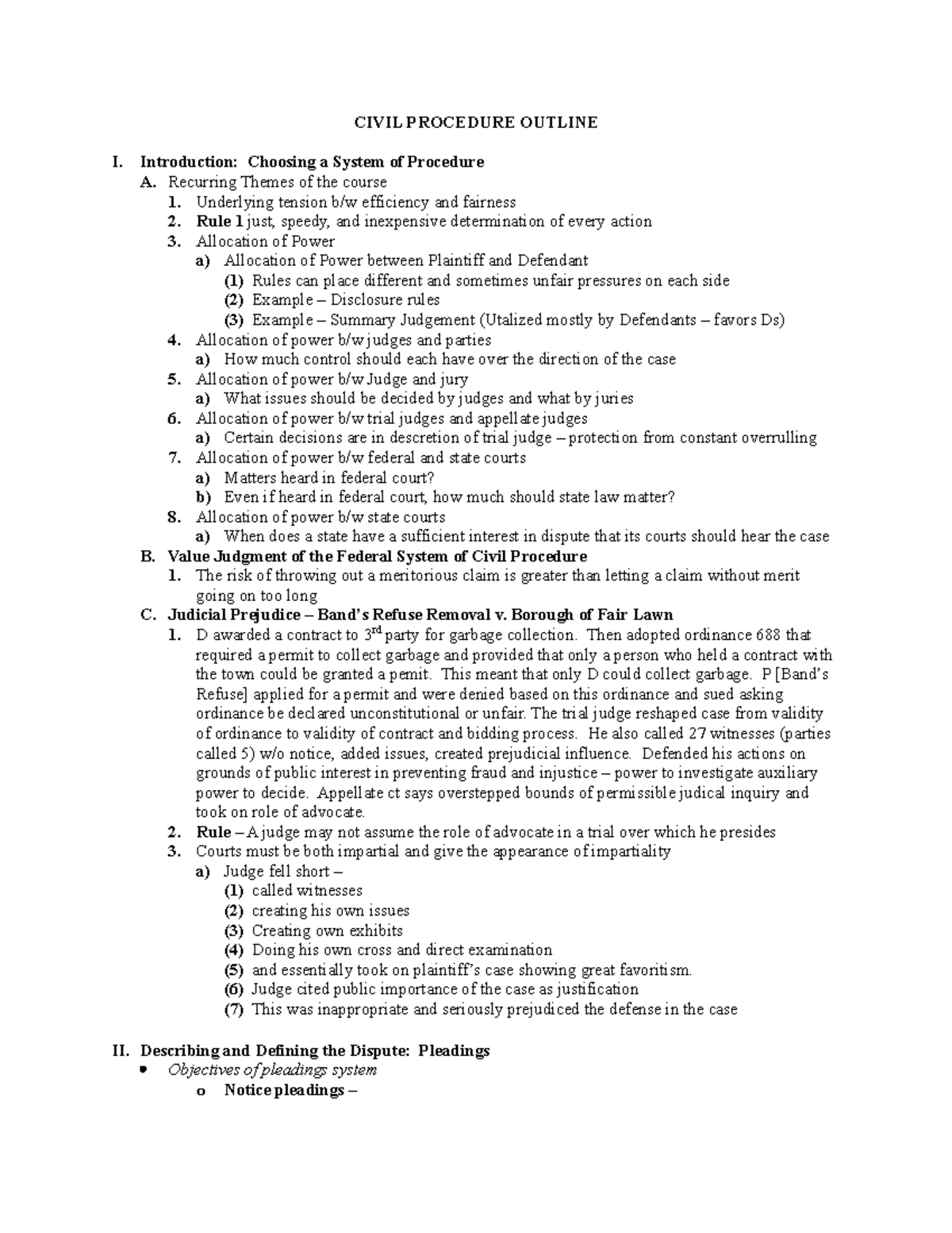 Civil Procedure Law Outline 3 - CIVIL PROCEDURE OUTLINE I. Introduction ...