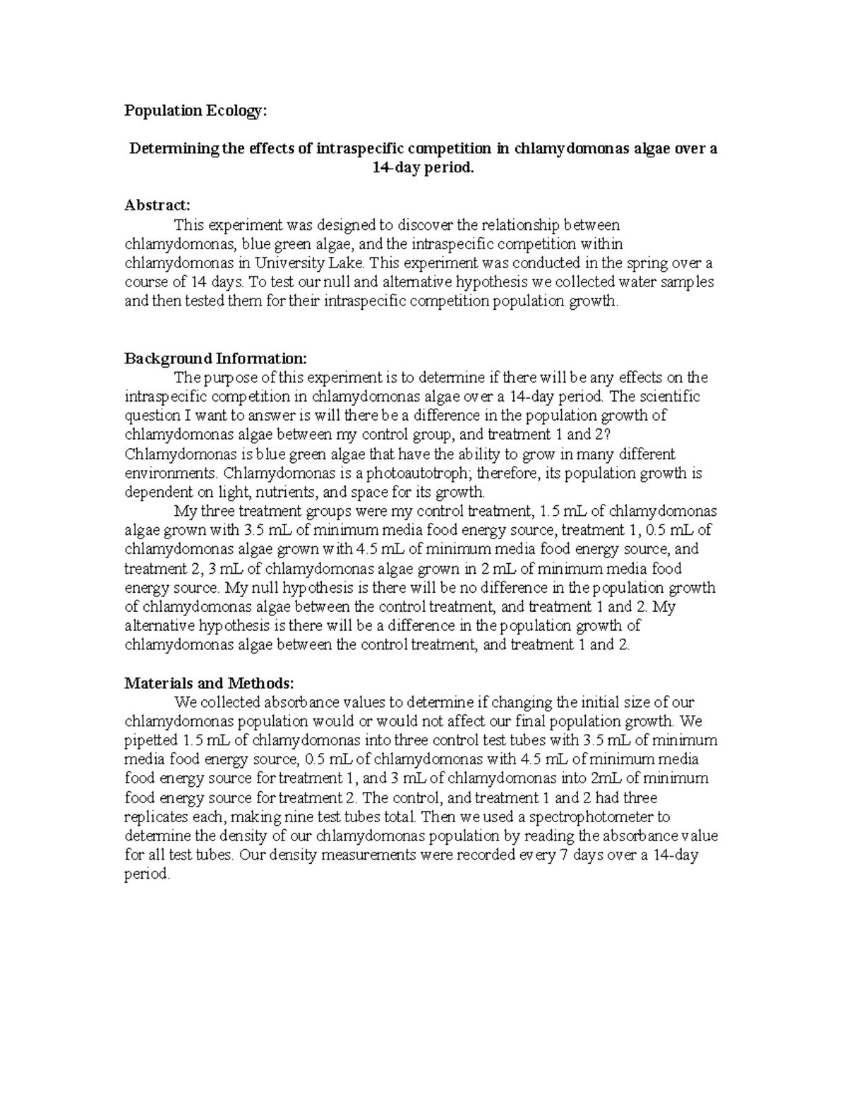 1209 Lab Report - Paper - Population Ecology: Determining the effects ...
