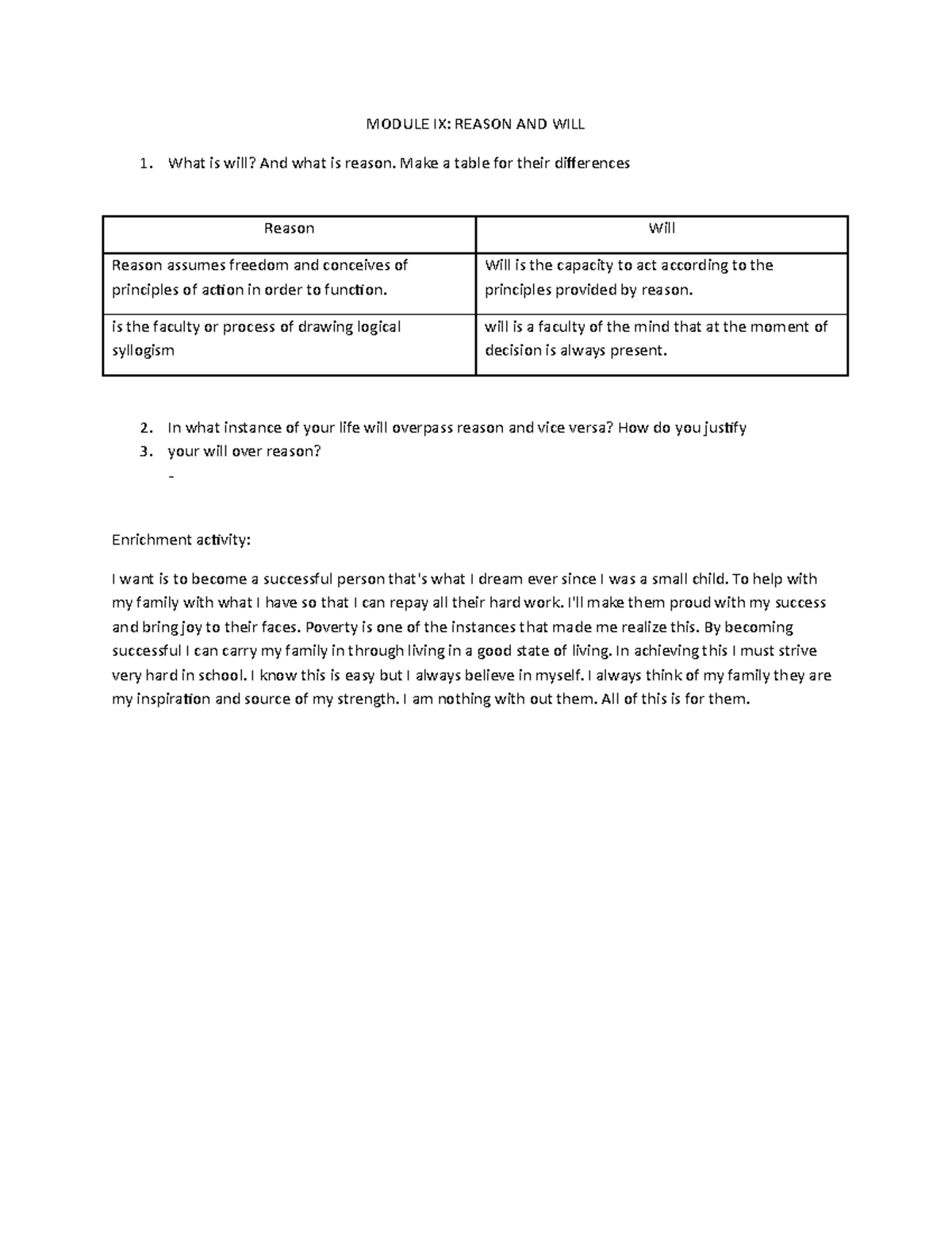 GE 8 module 9 - MODULE IX: REASON AND WILL What is will? And what is ...