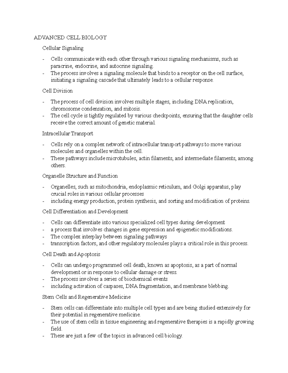 Advanced CELL Biology Notes 1 - ADVANCED CELL BIOLOGY Cellular ...