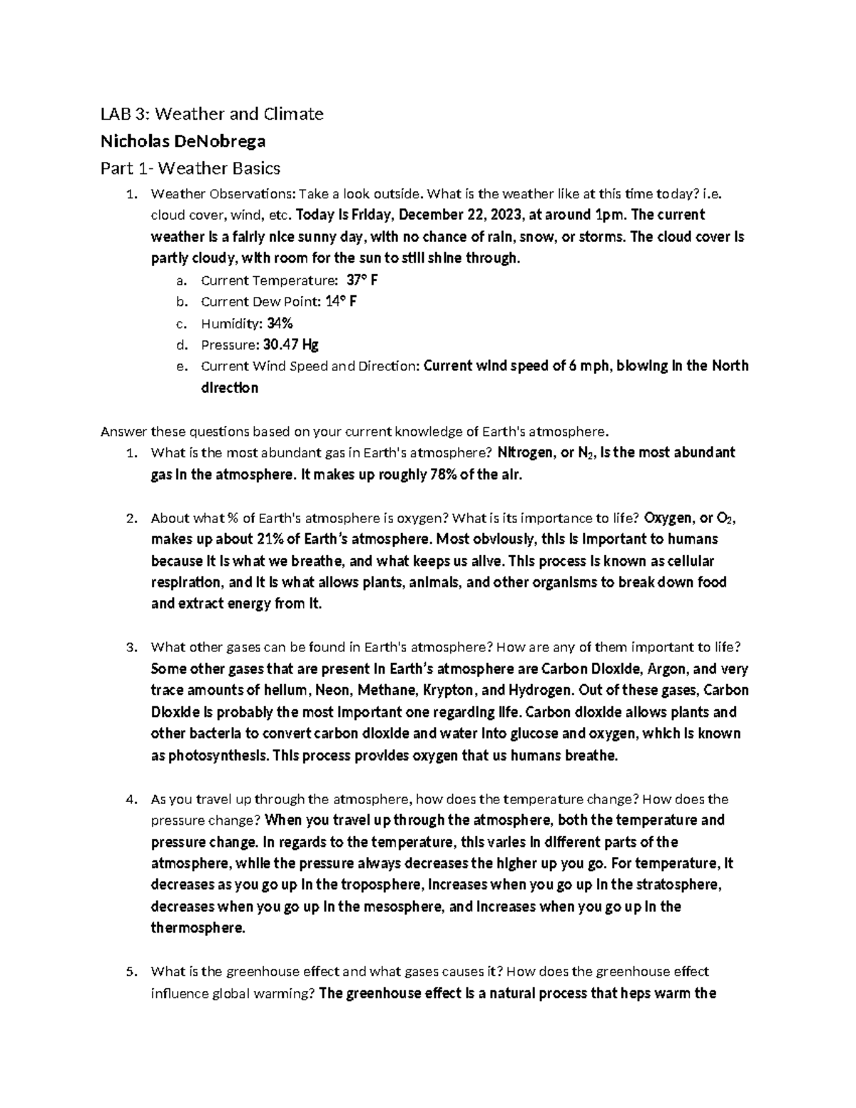 GEOG 101 Lab 3 Binghanton - LAB 3: Weather and Climate Nicholas DeNobrega Part 1- Weather Basics ...