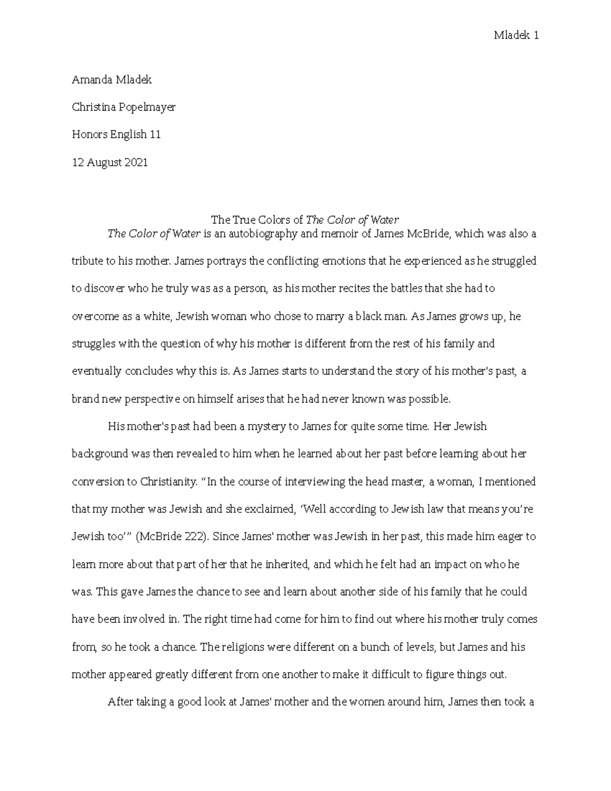 The Color of Water Summer Assignment - Amanda Mladek Christina ...