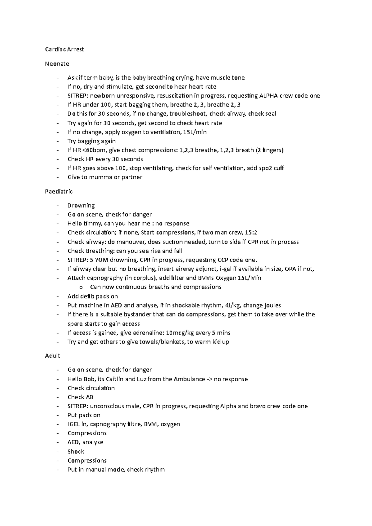 OSCE Notes for Scenarios - Cardiac Arrest Neonate Ask if term baby, is ...
