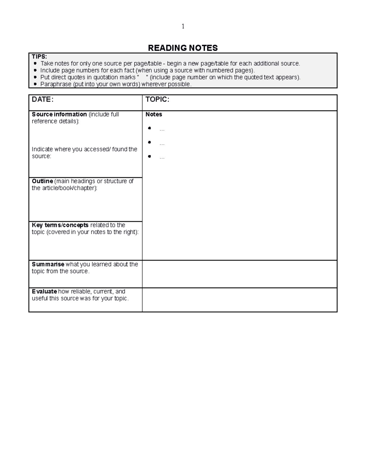 Reading Notes Template - 1 READING NOTES TIPS: Take notes for only one ...