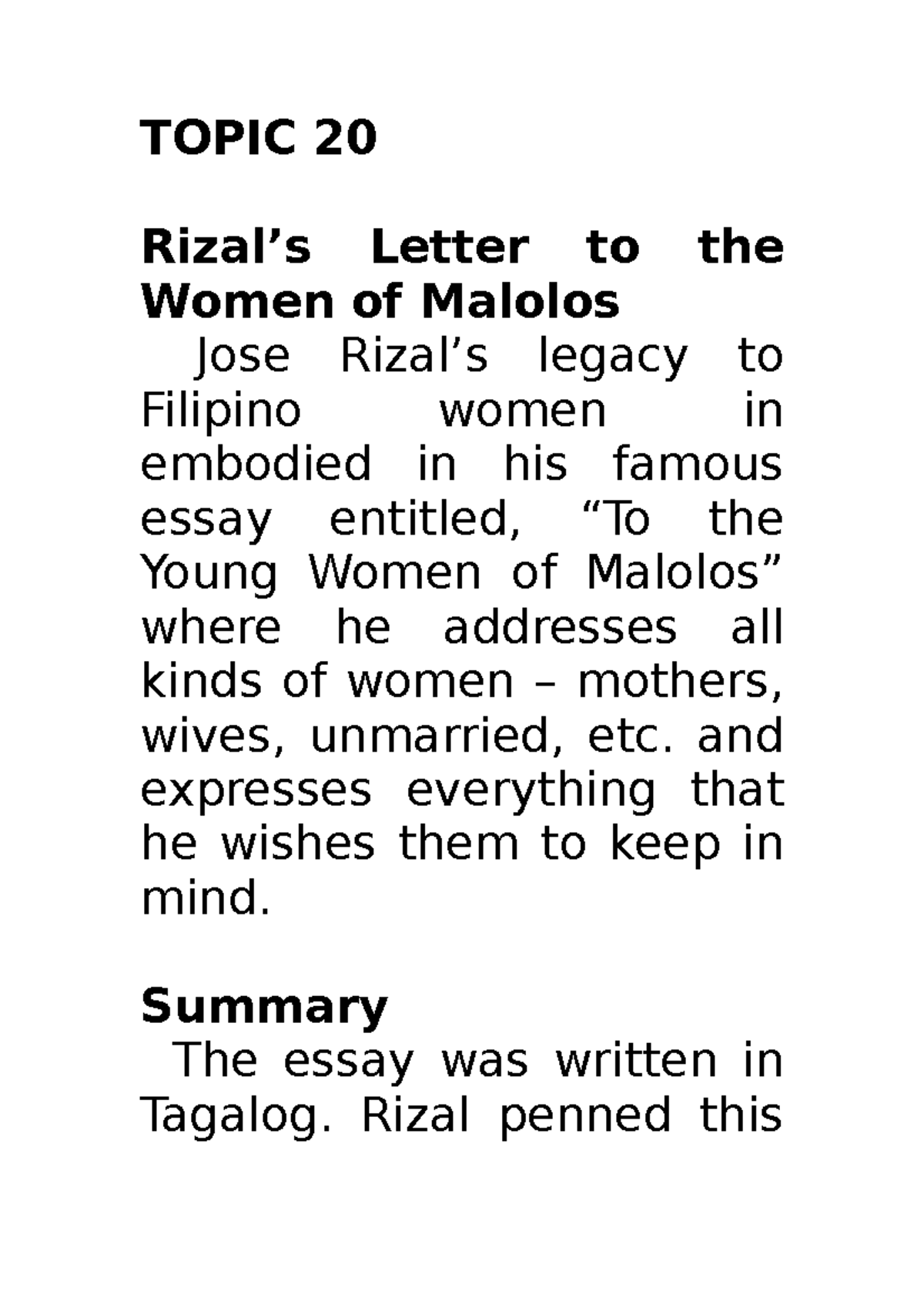 Rizal's Work (Topic 20) - TOPIC 20 Rizal’s Letter to the Women of ...
