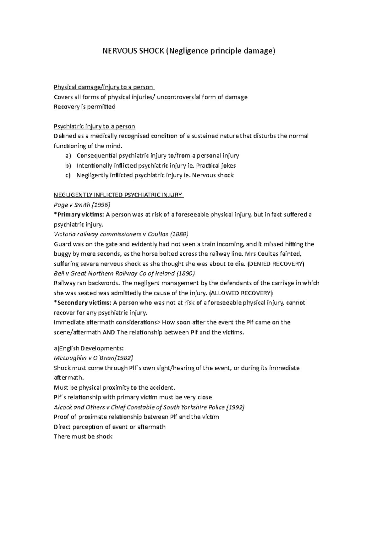Nervous Shock revision - NERVOUS SHOCK (Negligence principle damage ...