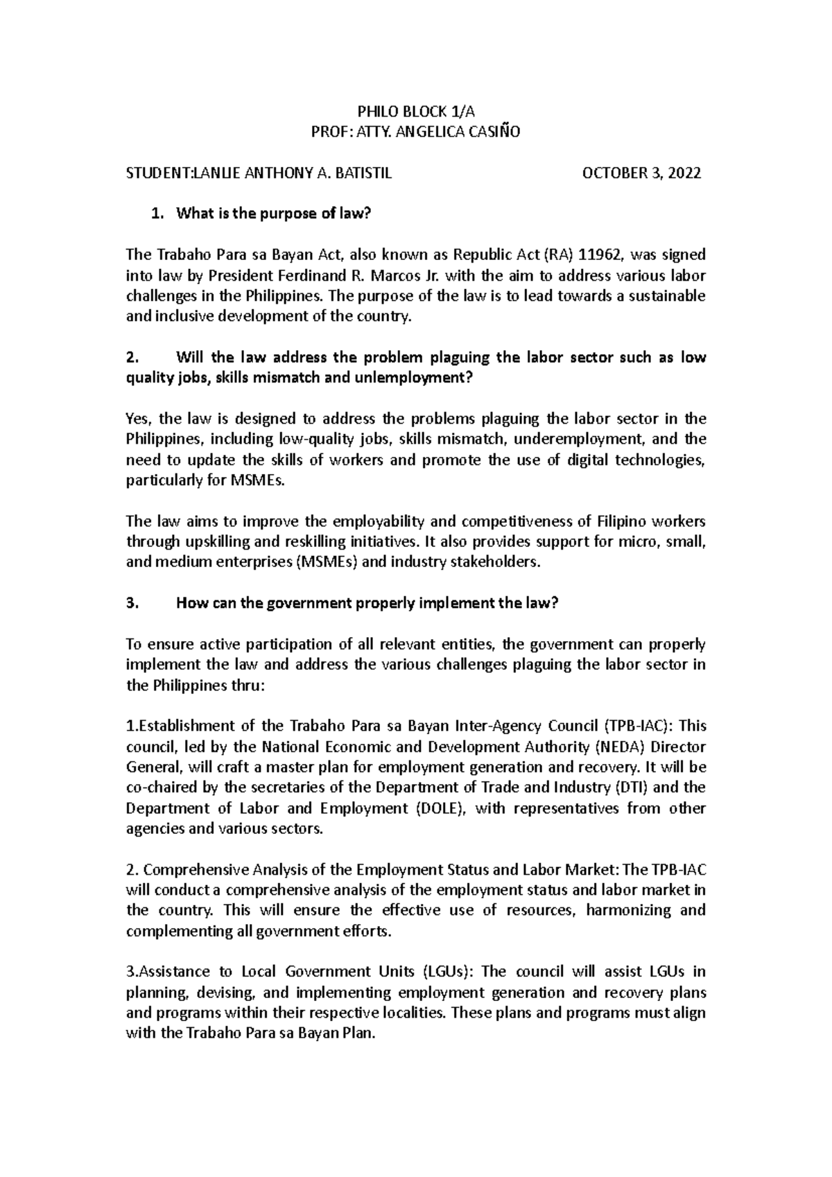 Trabaho Para sa Bayan Act, also known as Republic Act (RA) 11962 ...