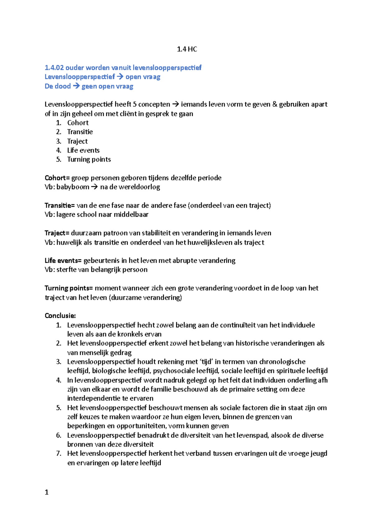 1.4 HC samenvatting - 1 HC 1.4 ouder worden vanuit ...