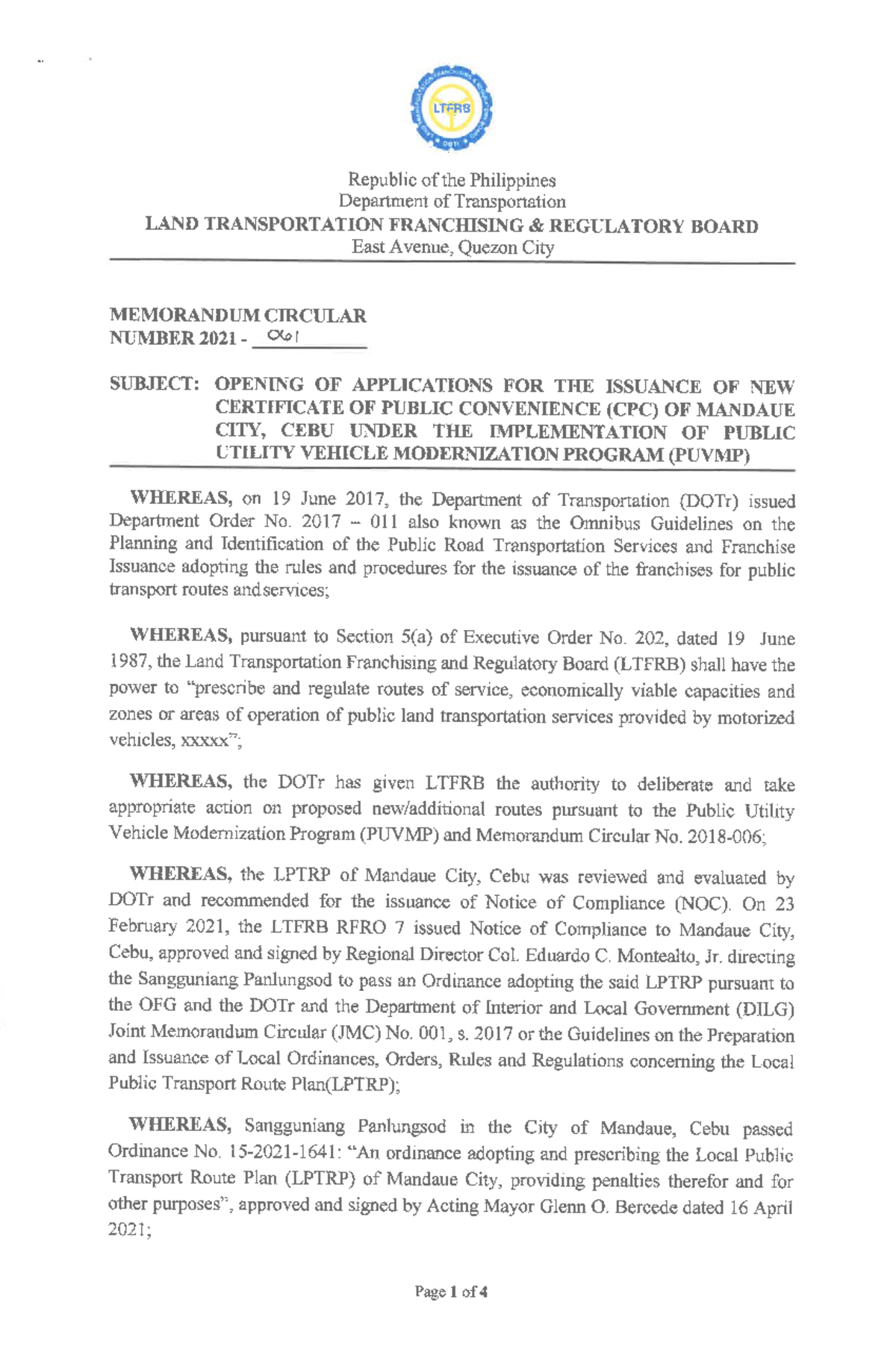 MC2021-061 - Opening of Applications for the Issuance of New ...