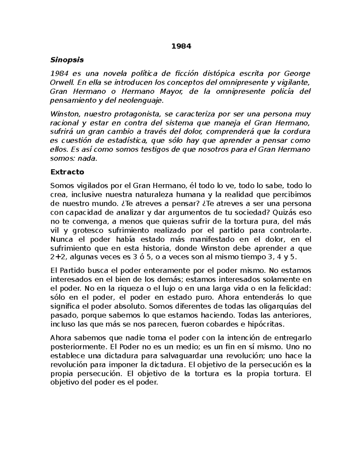 Extracto - Resumen del libro - 1984 Sinopsis 1984 es una novela ...