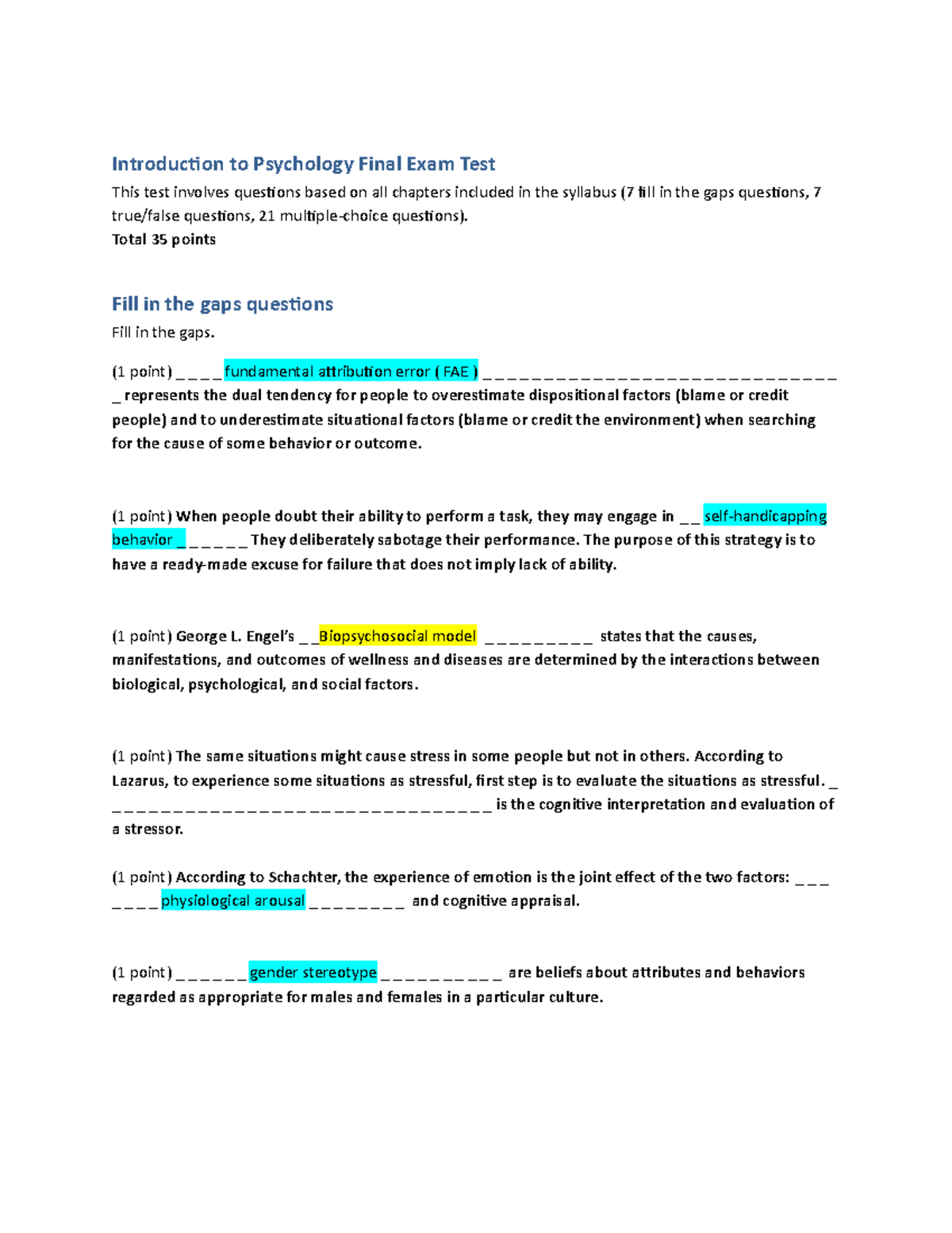 Introduction to Psychology Final Exam Test - Total 35 points Fill in ...