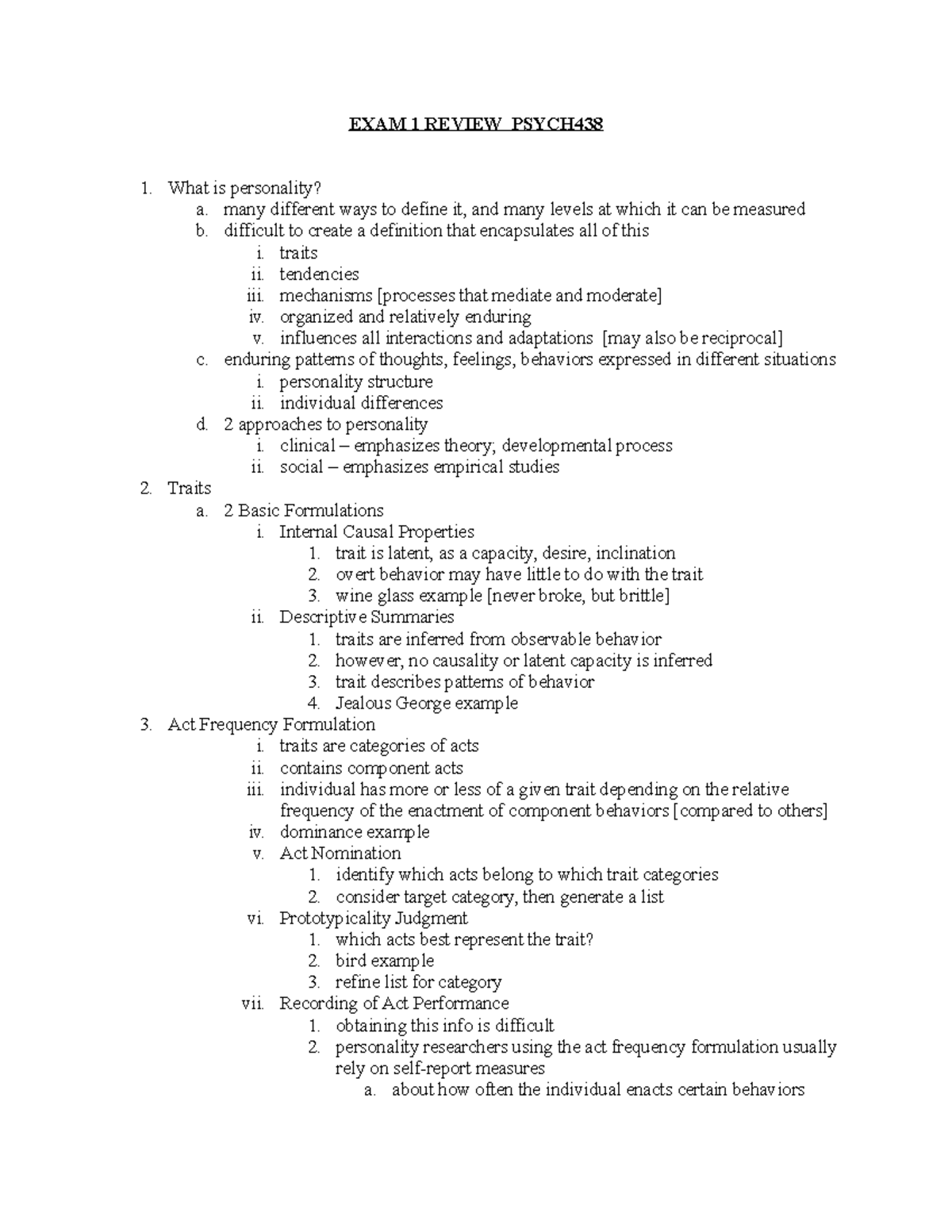 Exam 1 review - Lecture notes 1-4 - EXAM 1 REVIEW PSYCH What is ...