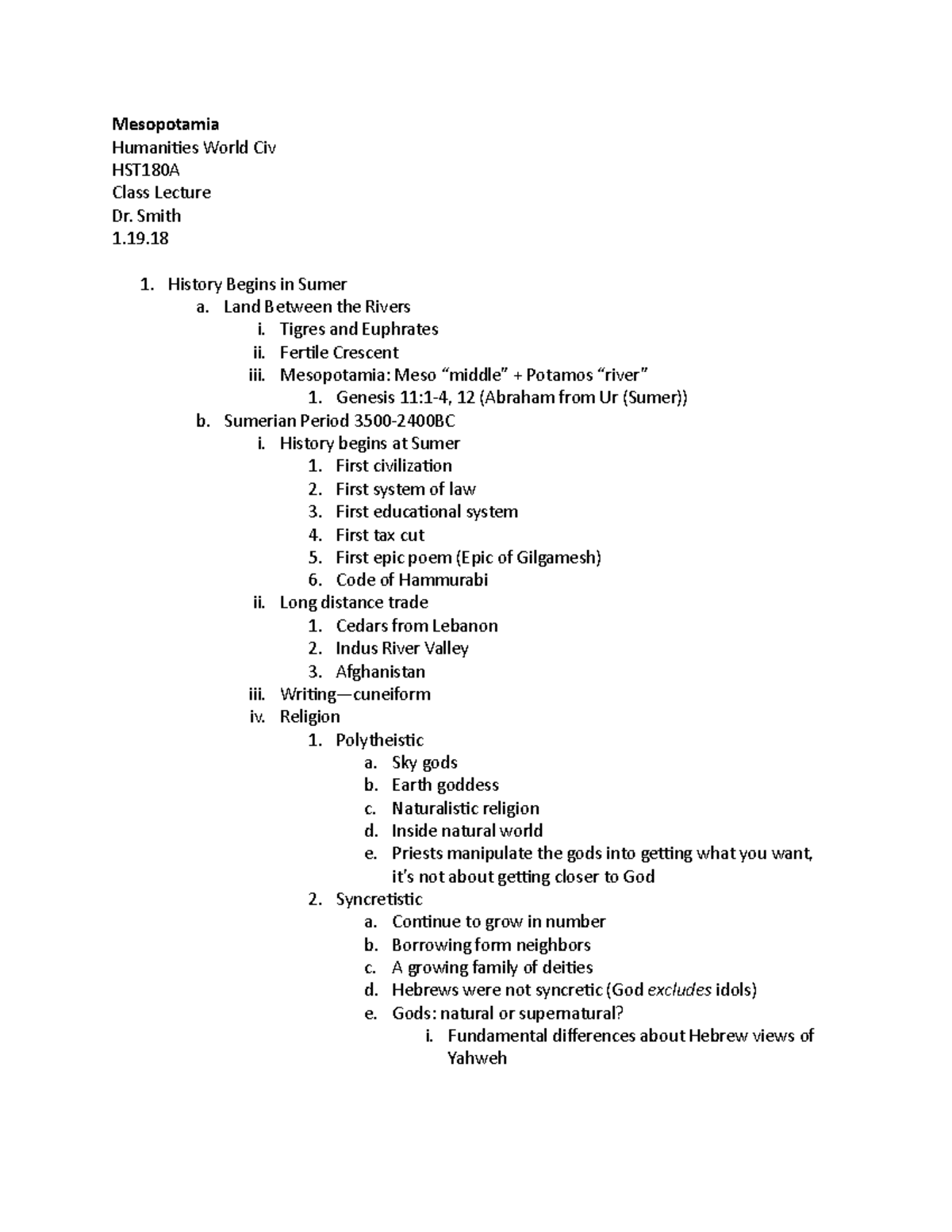 Mesopotamia Lecture - Mesopotamia Humanities World Civ HST180A Class ...