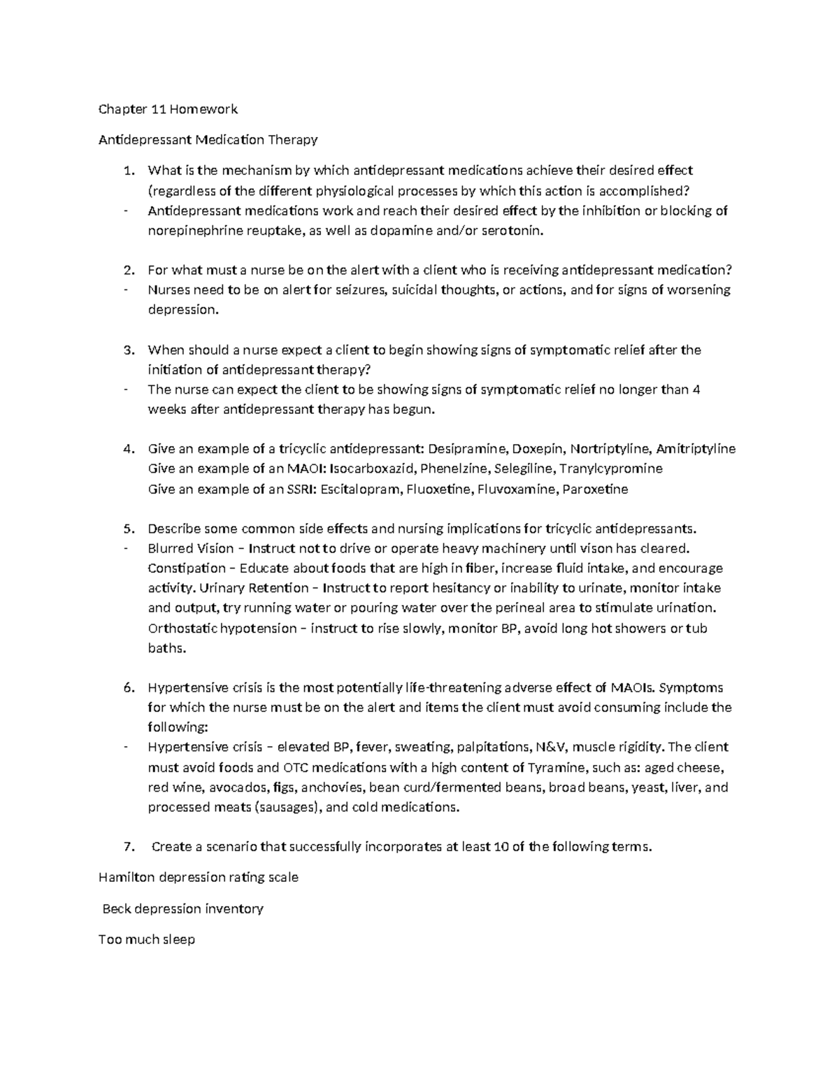Chapter 11 Mental Health Homework - Chapter 11 Homework Antidepressant ...