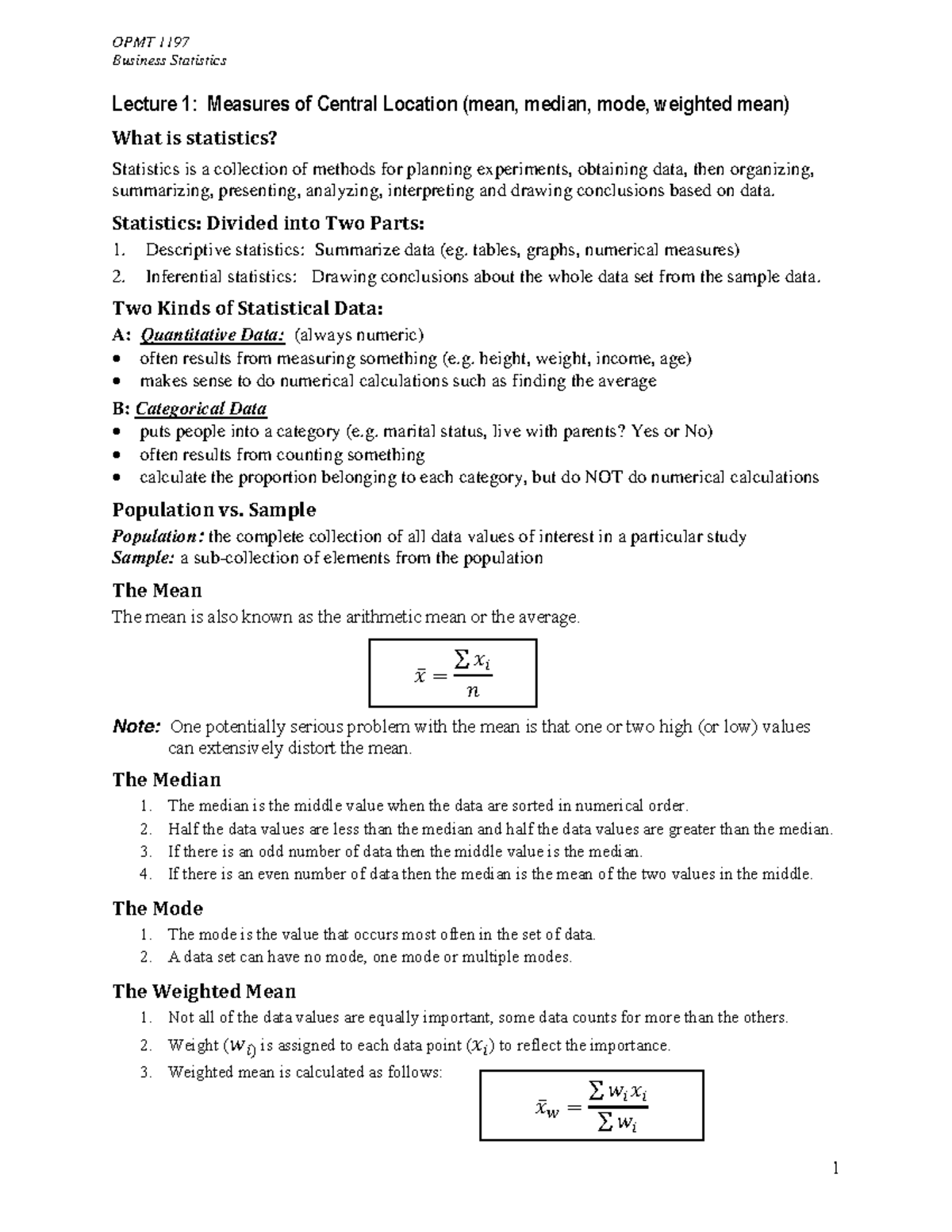 Lecture 1 - OPMT1197 OPMT1130 Judy Li - Business Statistics Lecture 1 ...