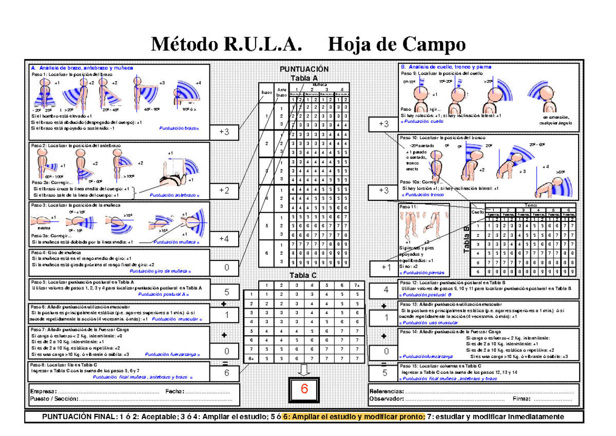 RULA Hoja de campo - apunte de datos - PUNTUACIÓN FINAL: 1 ó 2 ...