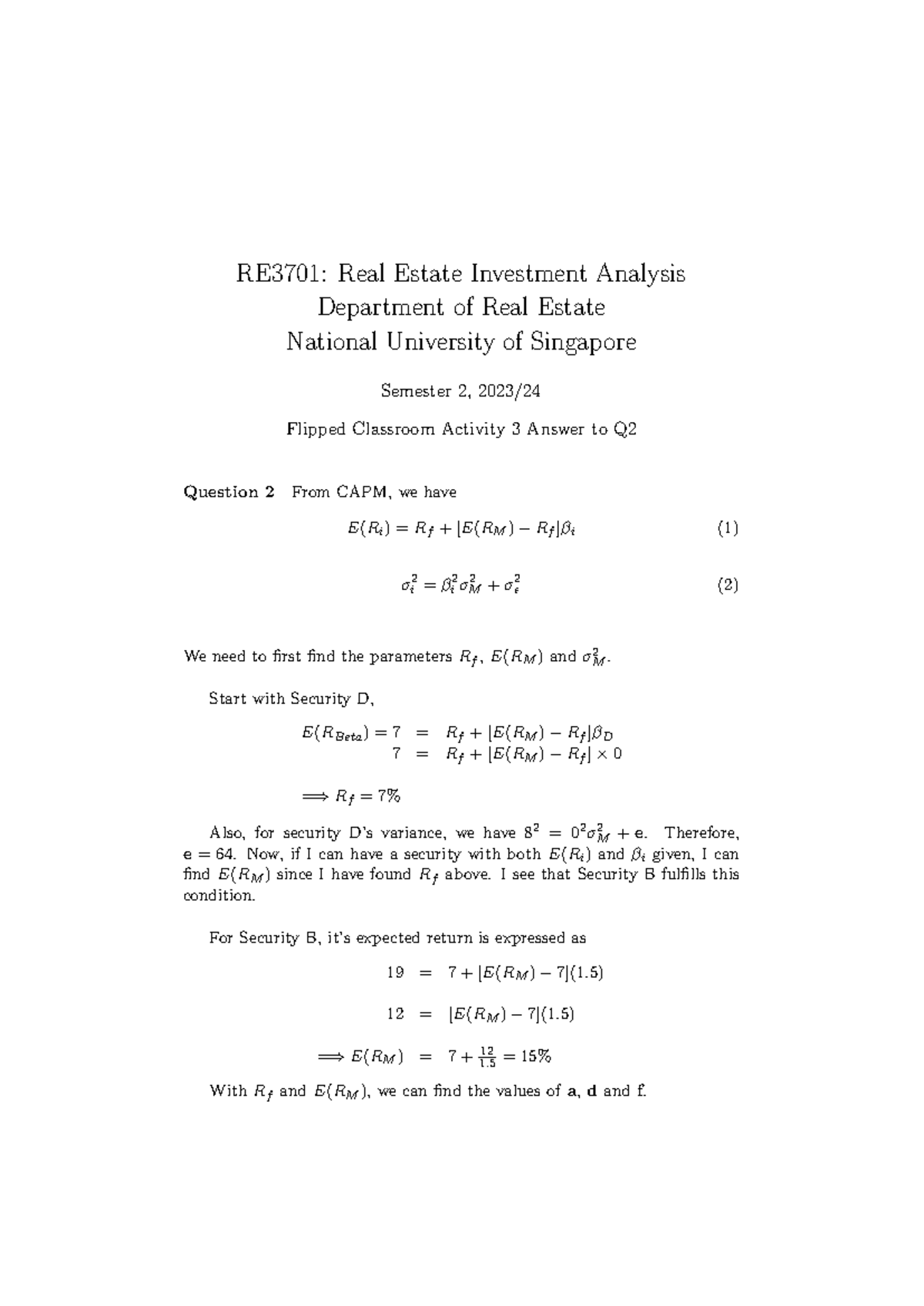 Flipped Classroom Activity 3 Q2 Ans - RE3701: Real Estate Investment ...