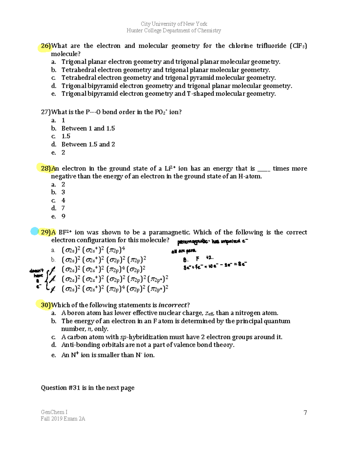 General Chemistry I 2019 Exam 2 Part 6 - City University of New York ...