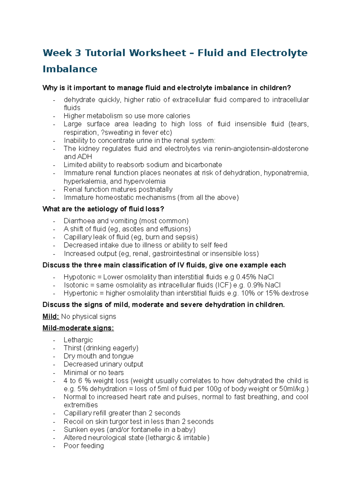 Week 3 Tutorial Worksheet - Week 3 Tutorial Worksheet – Fluid and Electrolyte Imbalance Why is ...