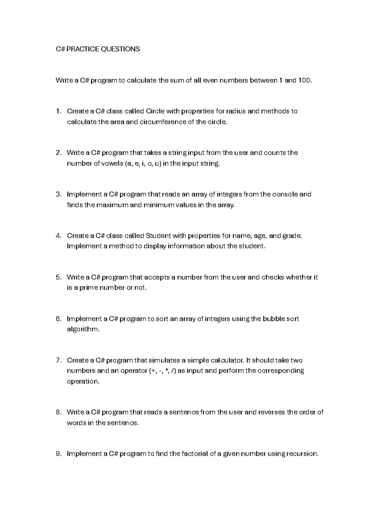 C# Practice Questions - C# PRACTICE QUESTIONS Write a C# program to ...