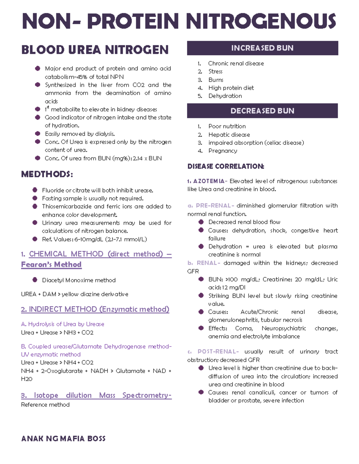 NPN - NON-PROTEIN NITROGENOUS NOTES - BLOOD UREA NITROGEN Major end ...